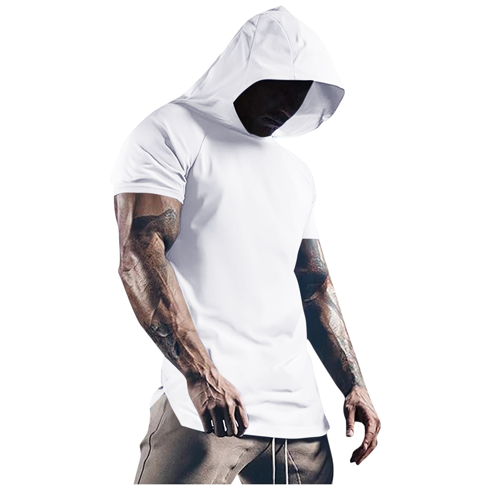 White Mens Short Sleeve Hoods Outfits for Man Crew Neck Lounge Thin ...