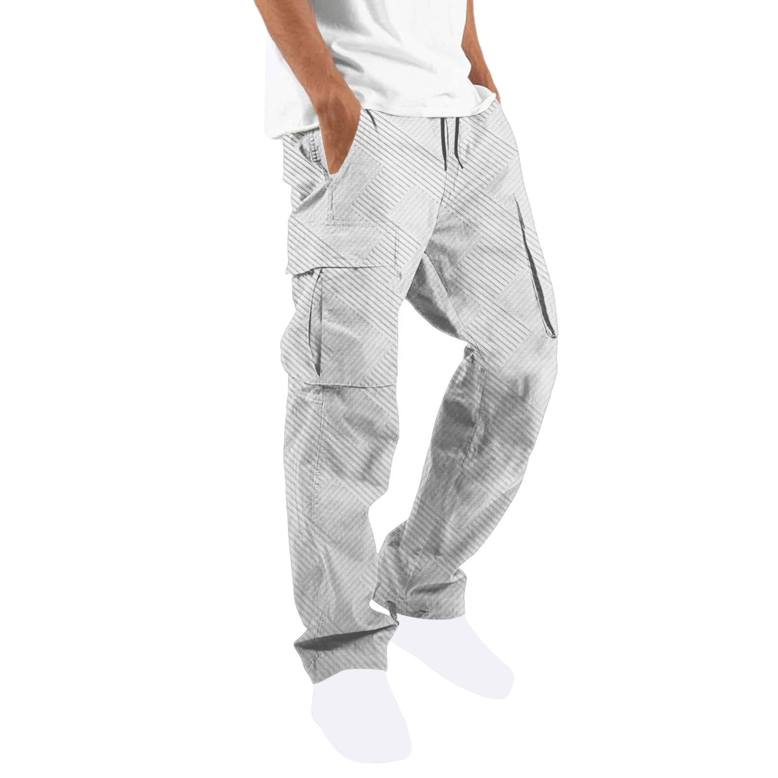 White Mens Wild Cargo Brunch Pants for Man Spandex Loose Fit Pleated Flare Bell Bottom Paperbag ...
