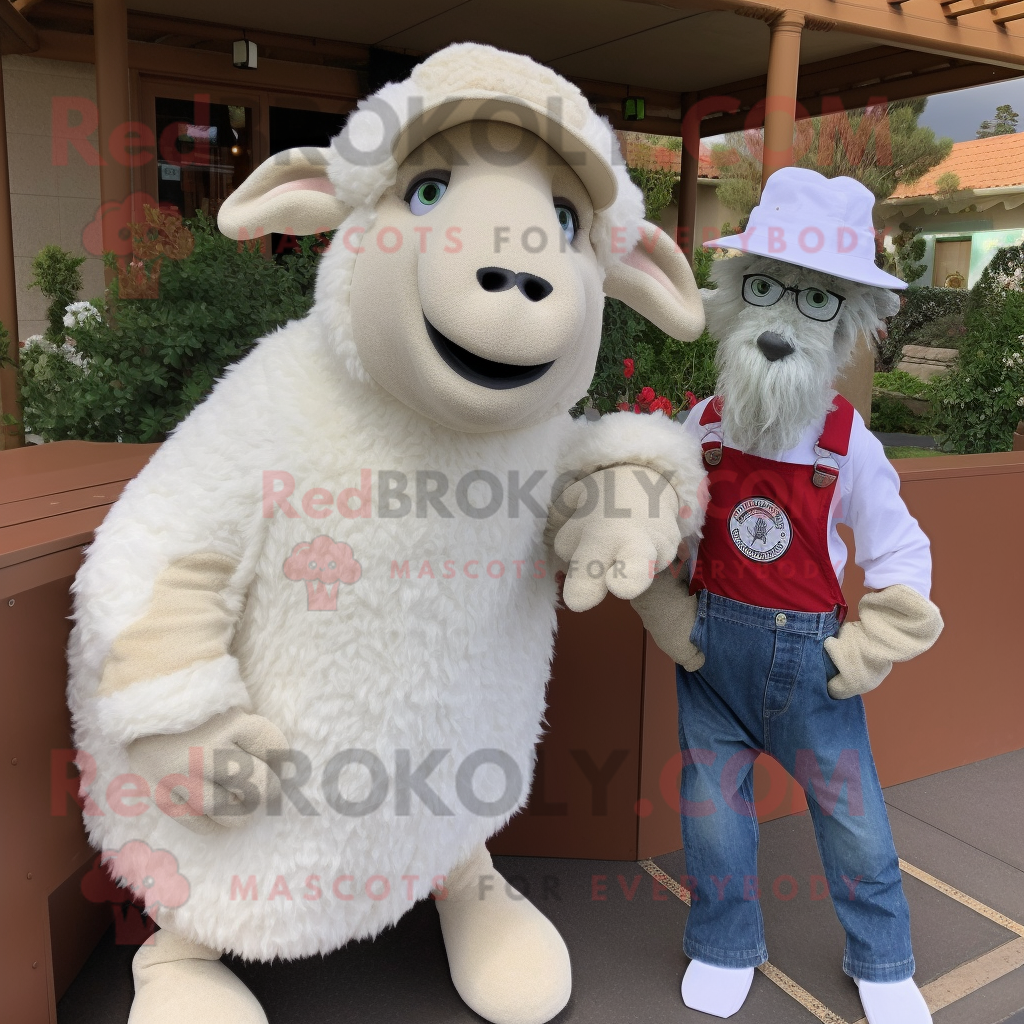 White Merino Sheep REDBROKOLY mascot costume character dressed with a ...