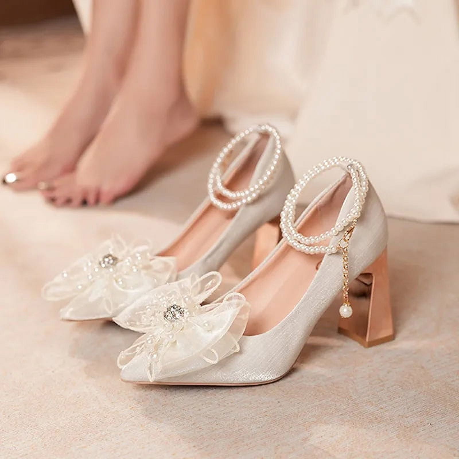White Mesh Bowknot High Heels Bride Shoes Women Elegant Pearls Ankle ...