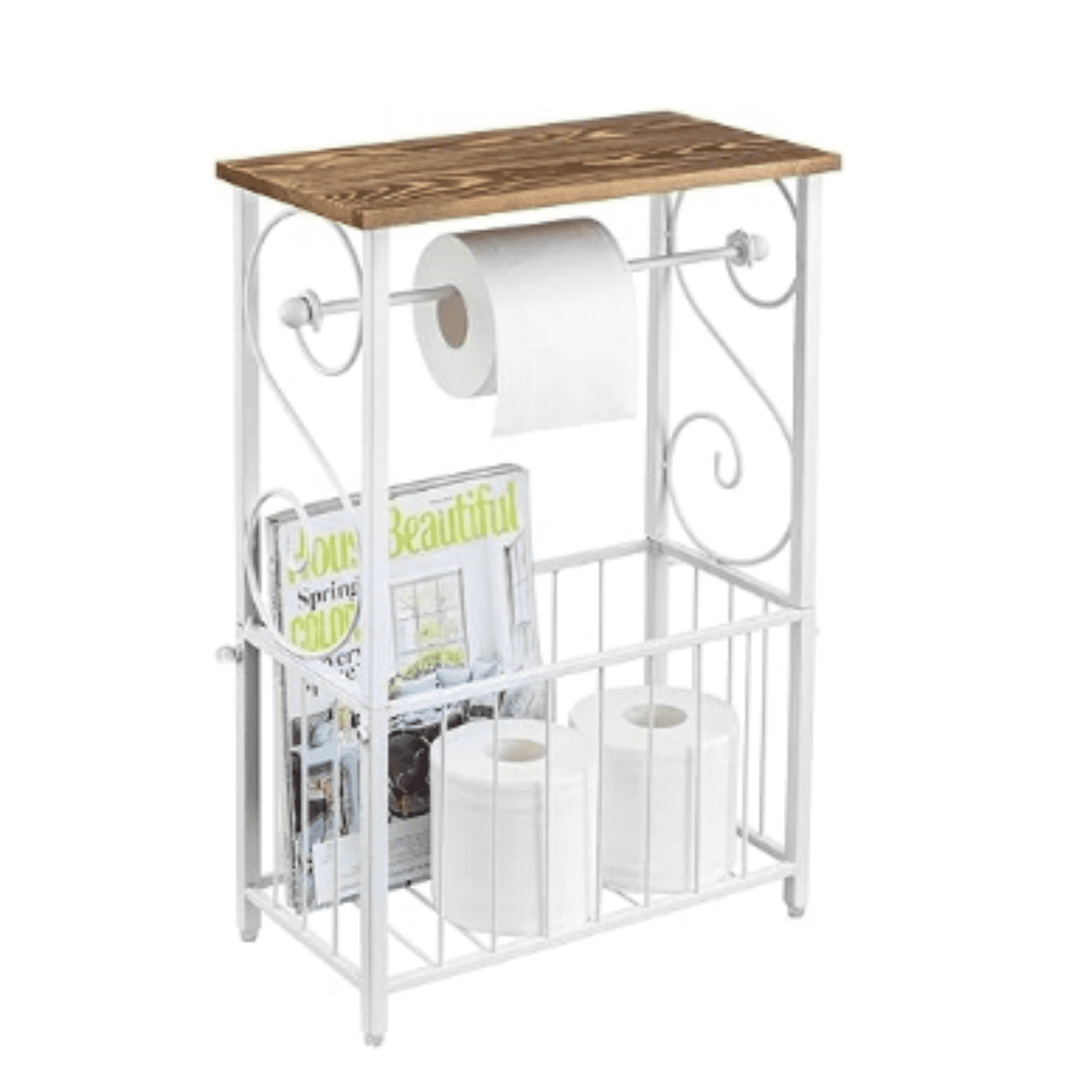 White Metal Bathroom Table Stand Storage Shelf with Dual Toilet Paper ...