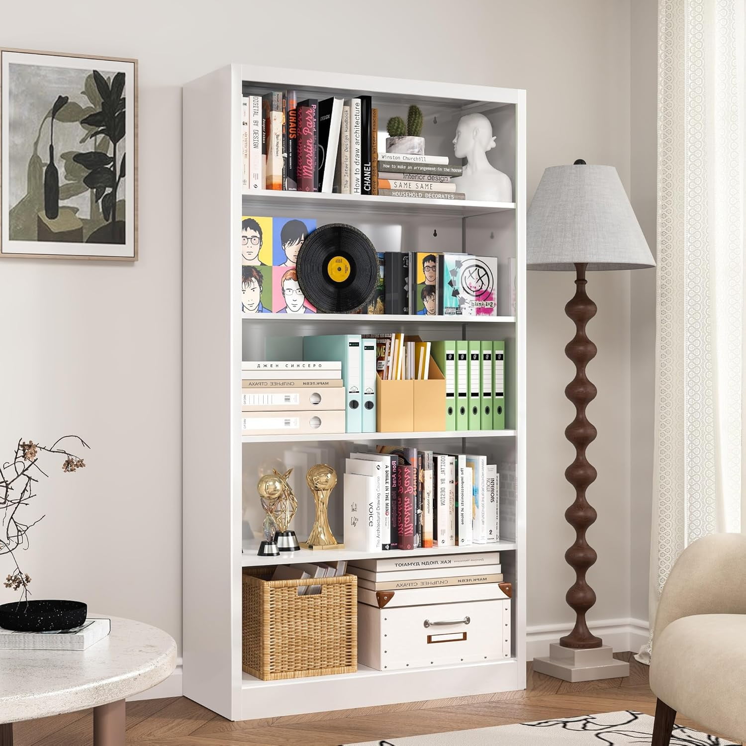 White Metal Bookshelf, 66" Tall Bookcase, Bookshelves and Bookcases, 5 ...