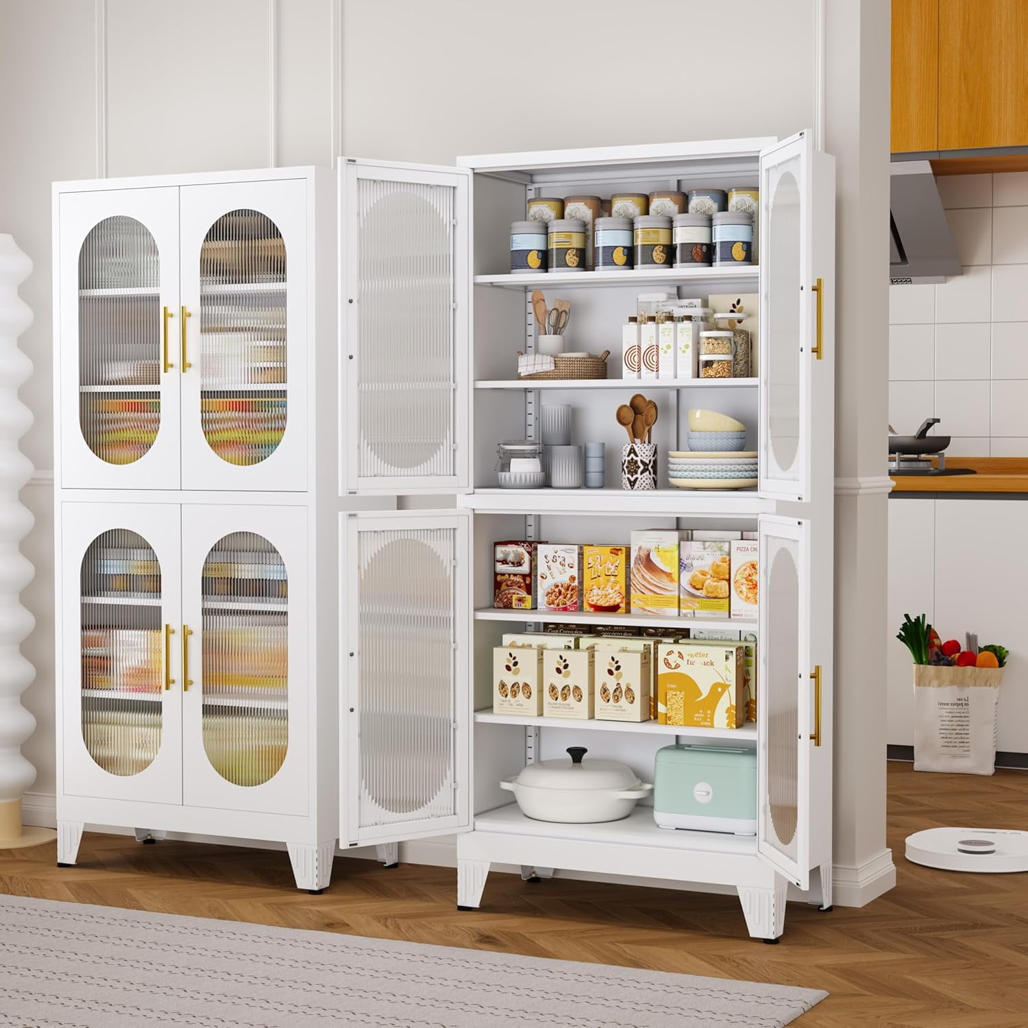 White Metal Display Cabinet with Acrylic Doors, Kitchen Pantry Cabinets ...