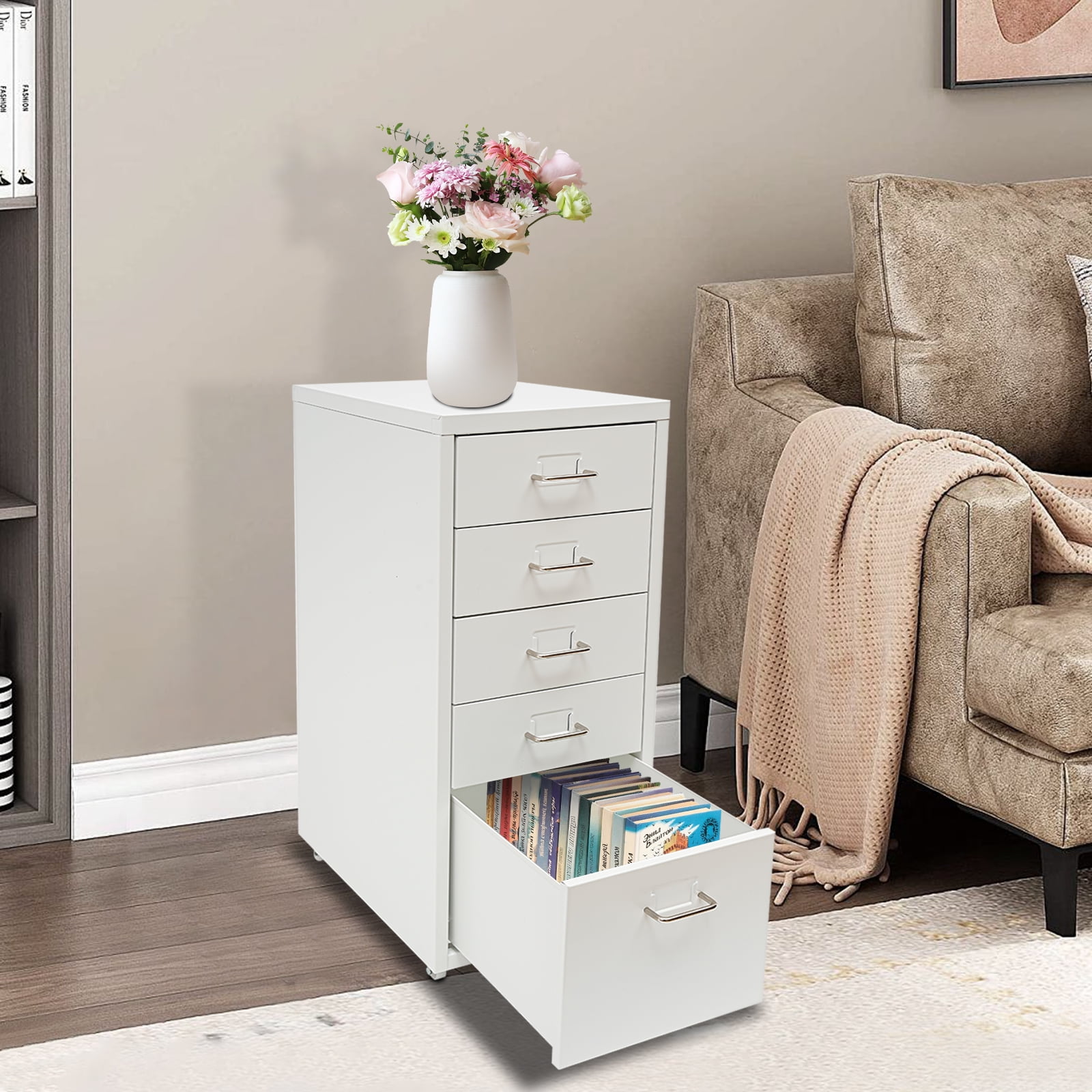 White Metal File Storage Cabinet, Storage Cabinet with 5 Drawers, 5 ...