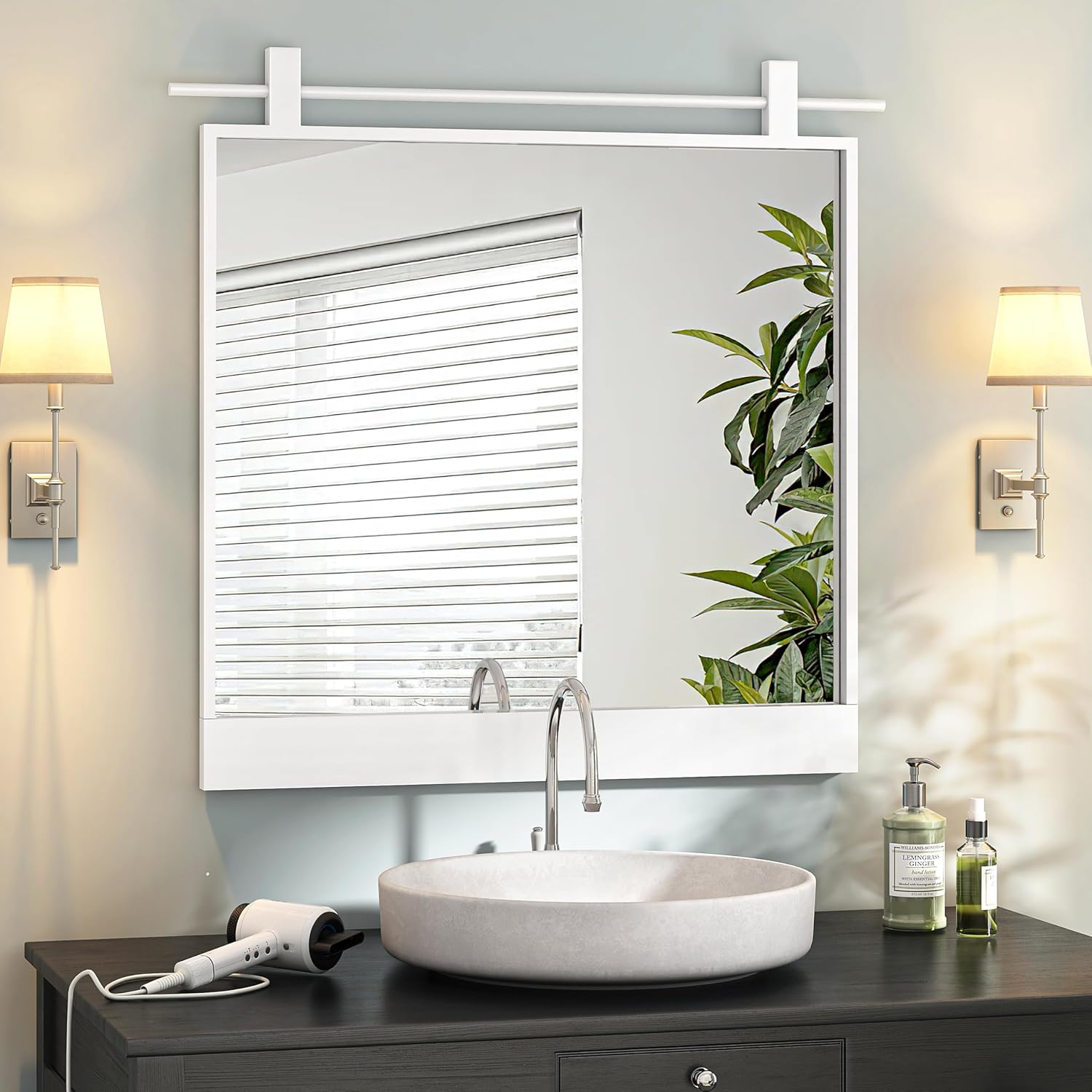 White Metal Framed Mirror for Bathroom 24X24 Inch Modern Wall Mounted ...