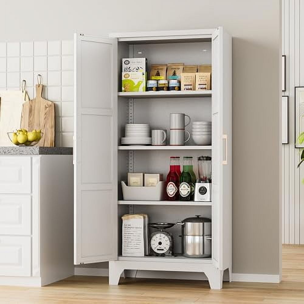 White Metal Kitchen Pantry Cabinet with Doors & Adjustable Shelves ...