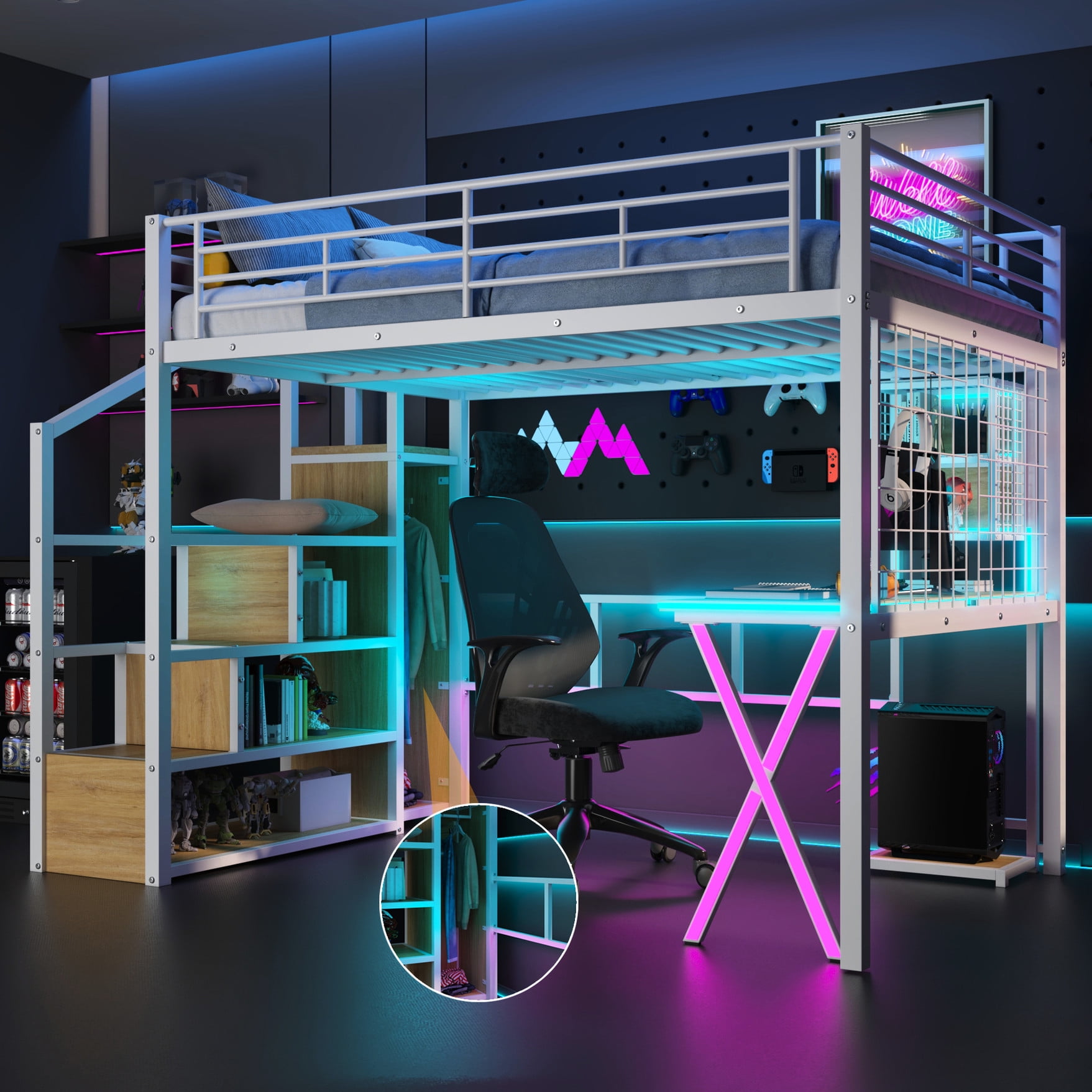 White Metal Loft Bed with Gaming Setup - Combine Bed, Desk, and ...