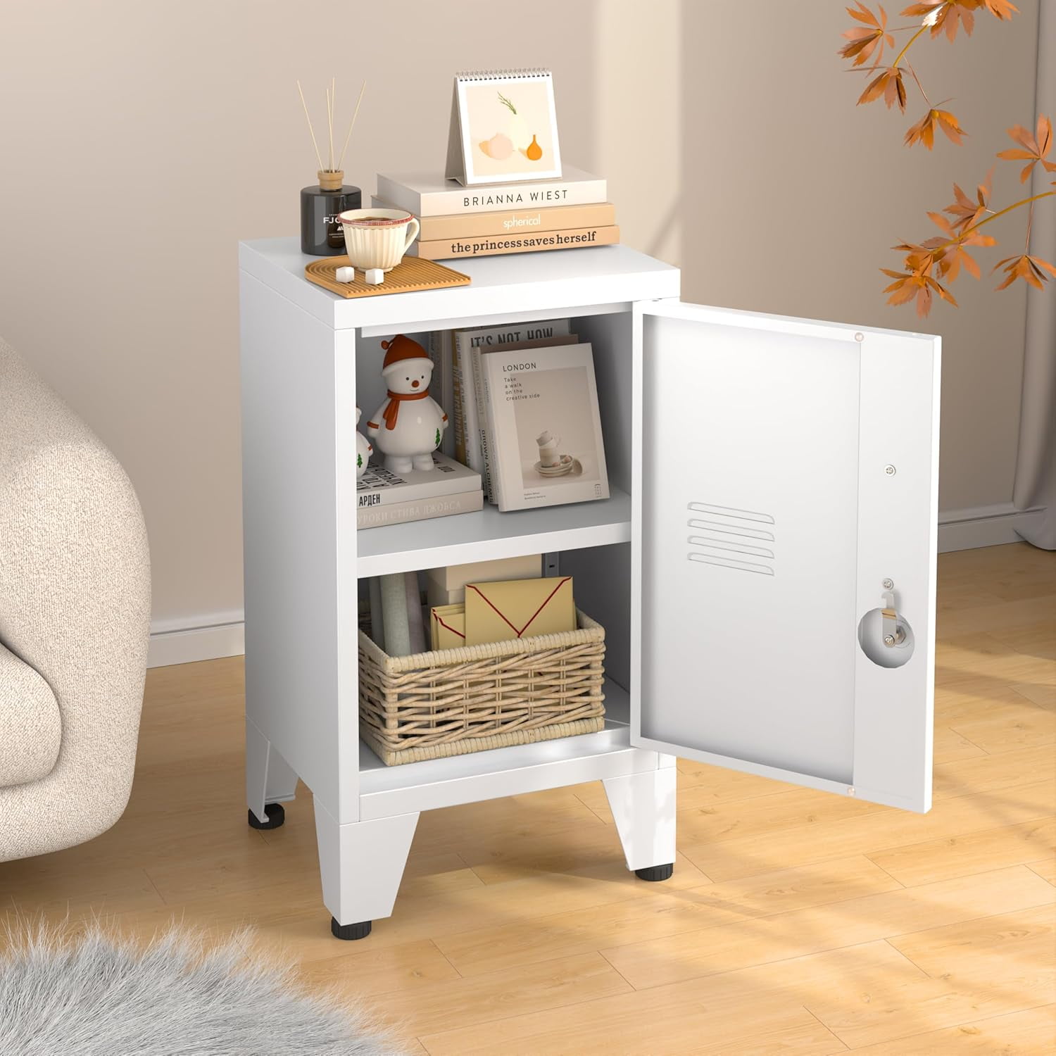 White Metal Nightstand Locker Cabinet, Side Table with Lockable Door ...
