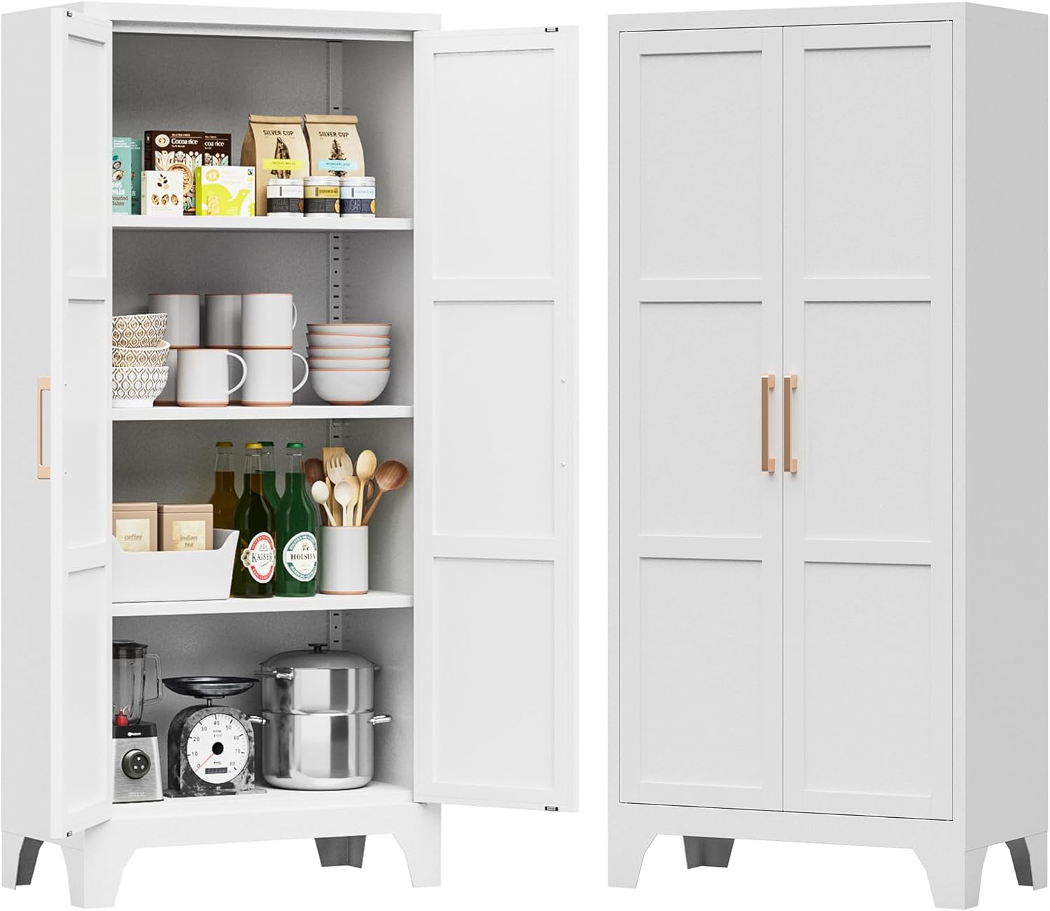 Metal Pantry Cabinet, 61'' White Kitchen Pantry Storage Cabinet with ...