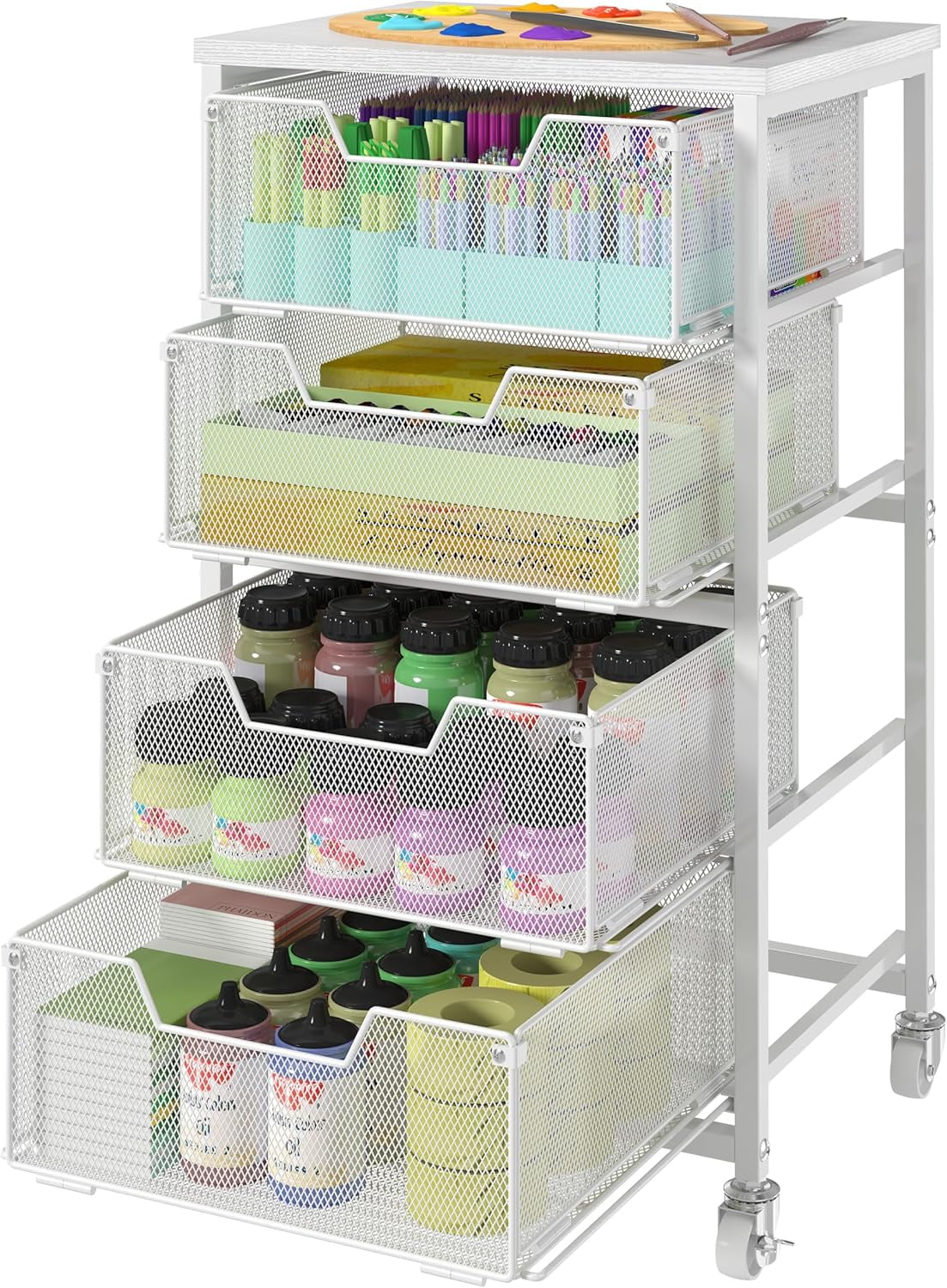 White Metal Rolling Utility Cart with 4 Drawers, Art Supply Storage ...
