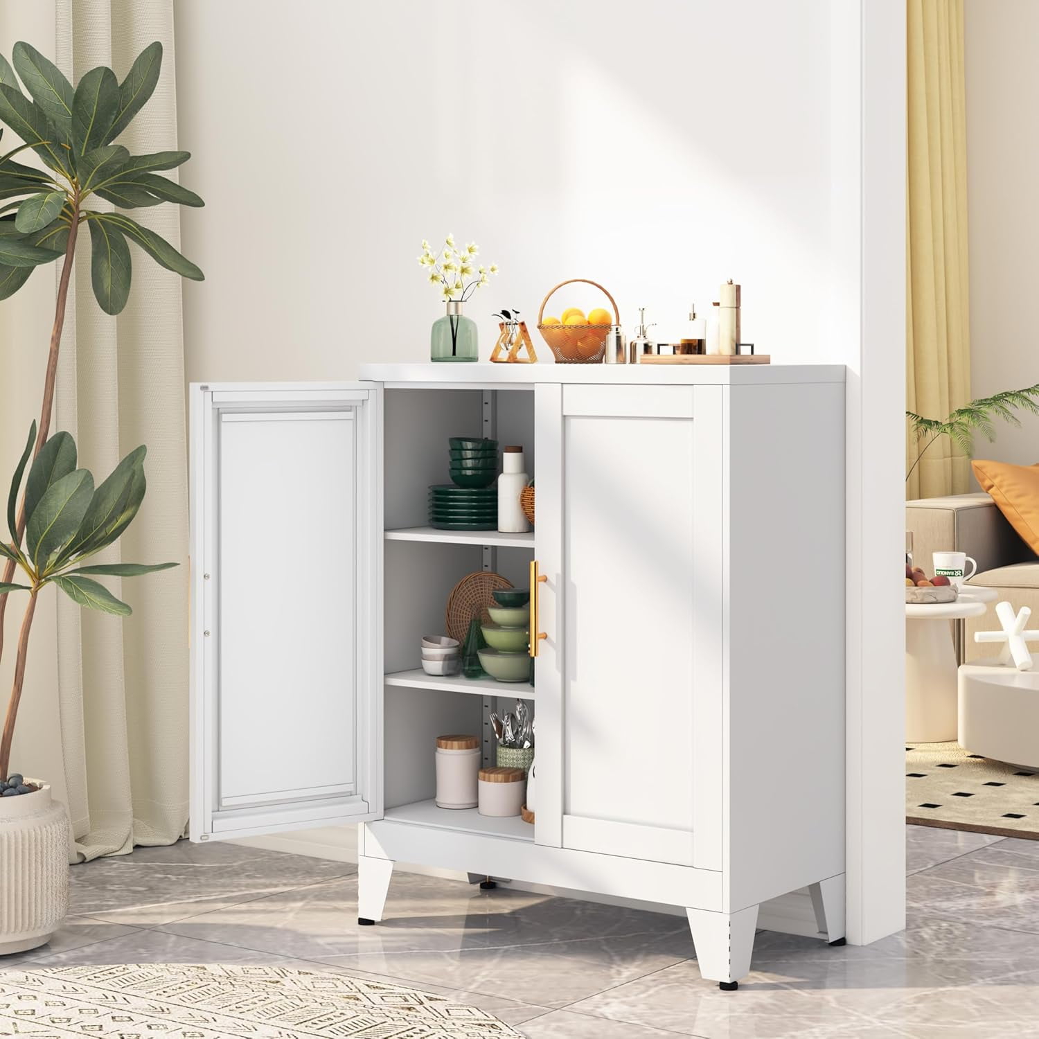 White Metal Storage Cabinet with 2 Doors, 35.83" H Sideboard Buffet ...