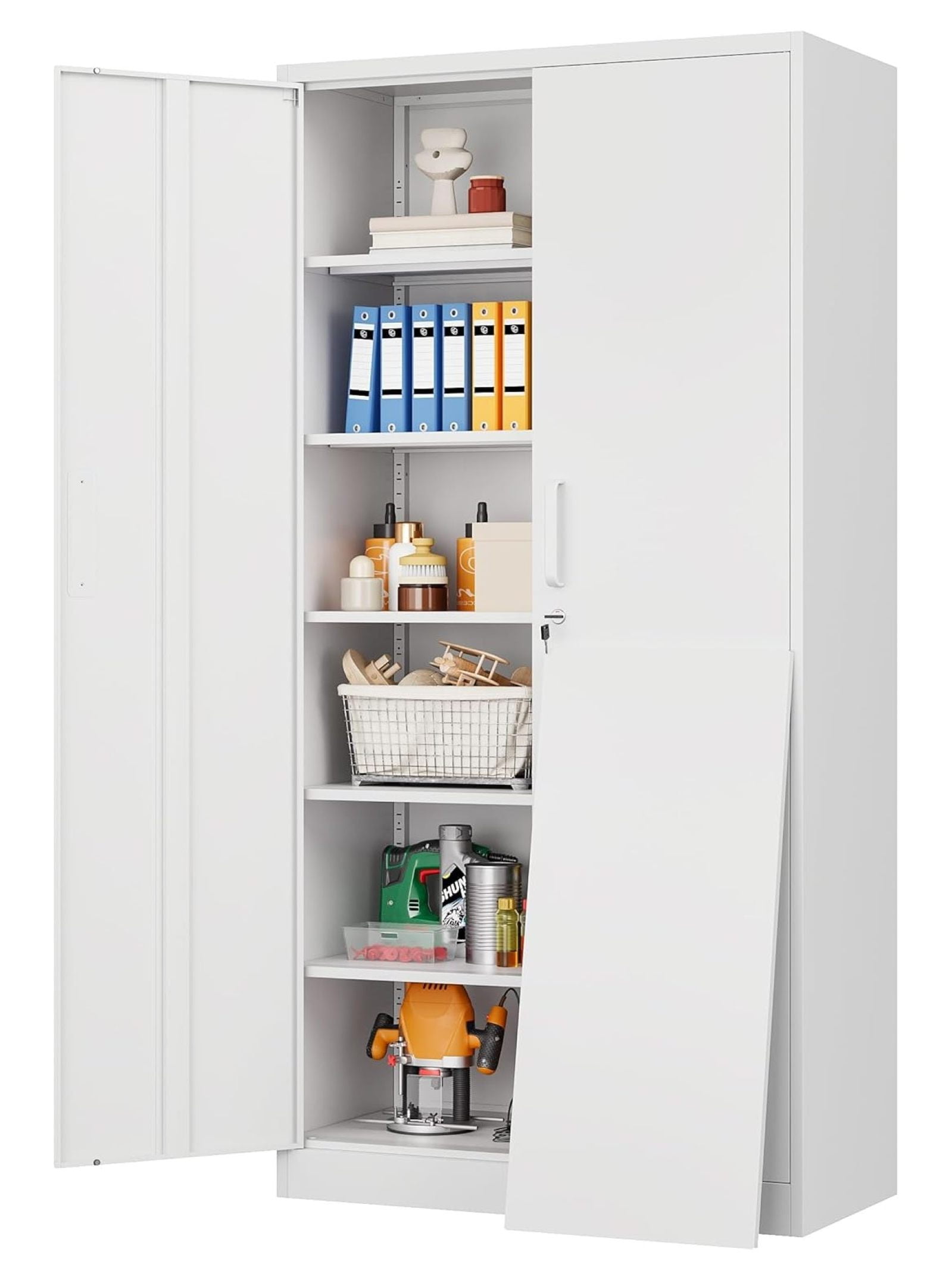 White Metal Storage Cabinet with 2 Doors and 5 Adjustable Shelves,Wide ...