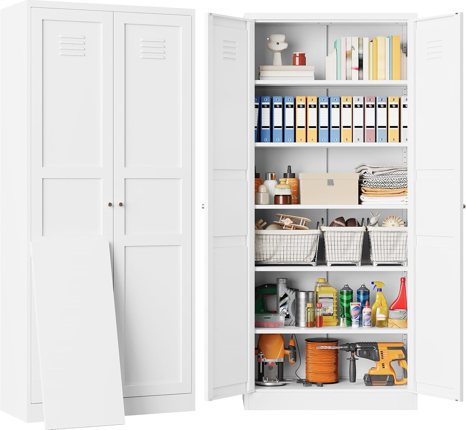 White Metal Storage Cabinet with 2 Doors and 5 Shelves,Pantry Storage ...
