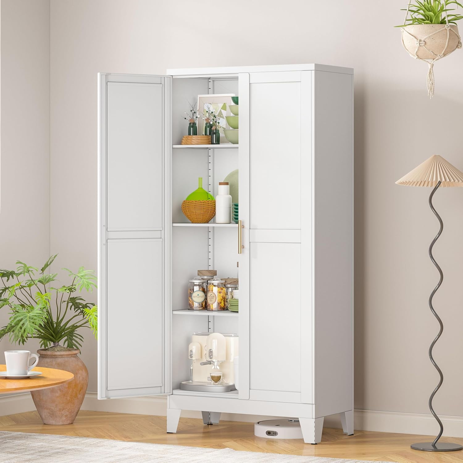 White Metal Storage Cabinet, 47.25" H Steel Kitchen Pantry Cabinet with ...