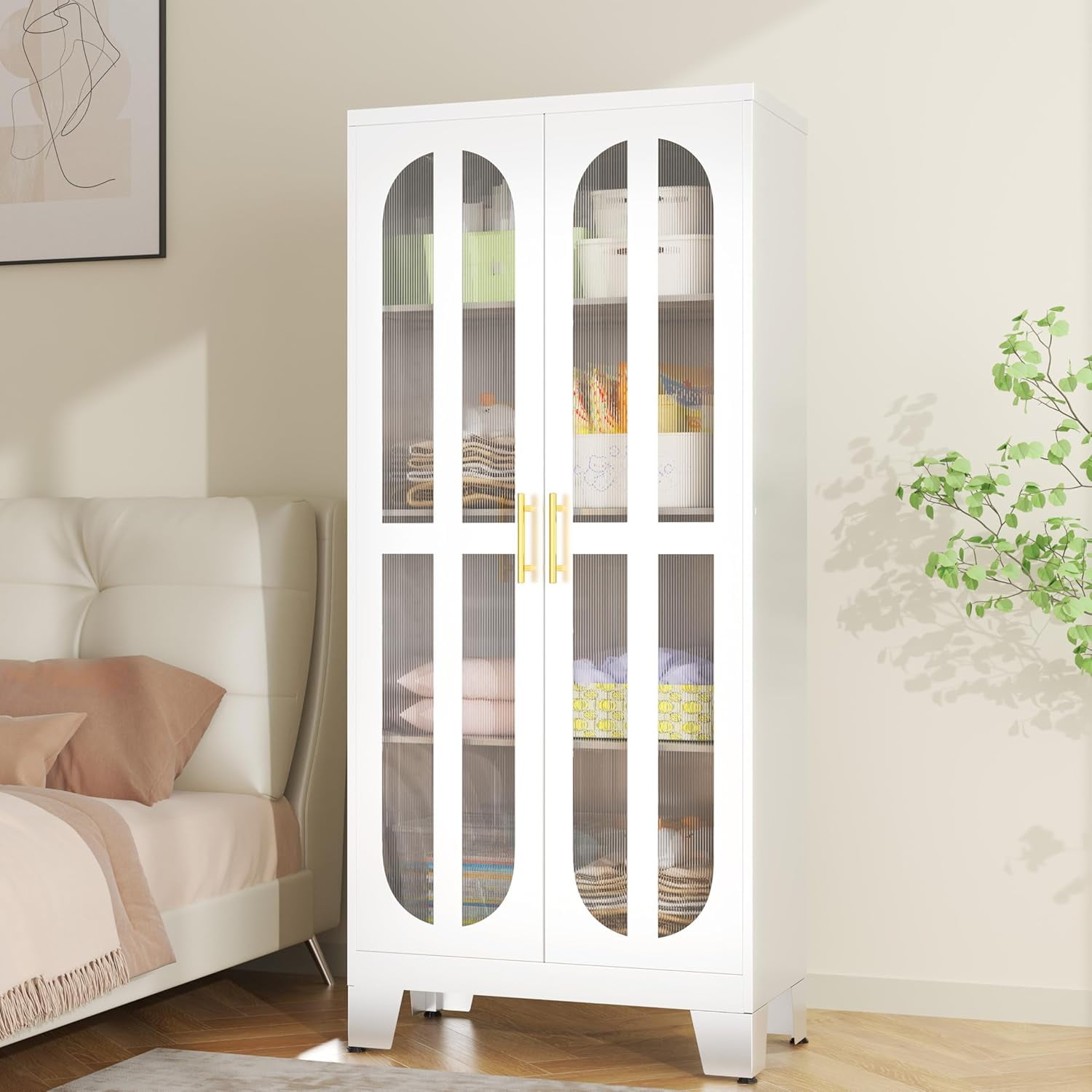 White Metal Storage Cabinet, Tall Kitchen Pantry Storage Cabinet with ...