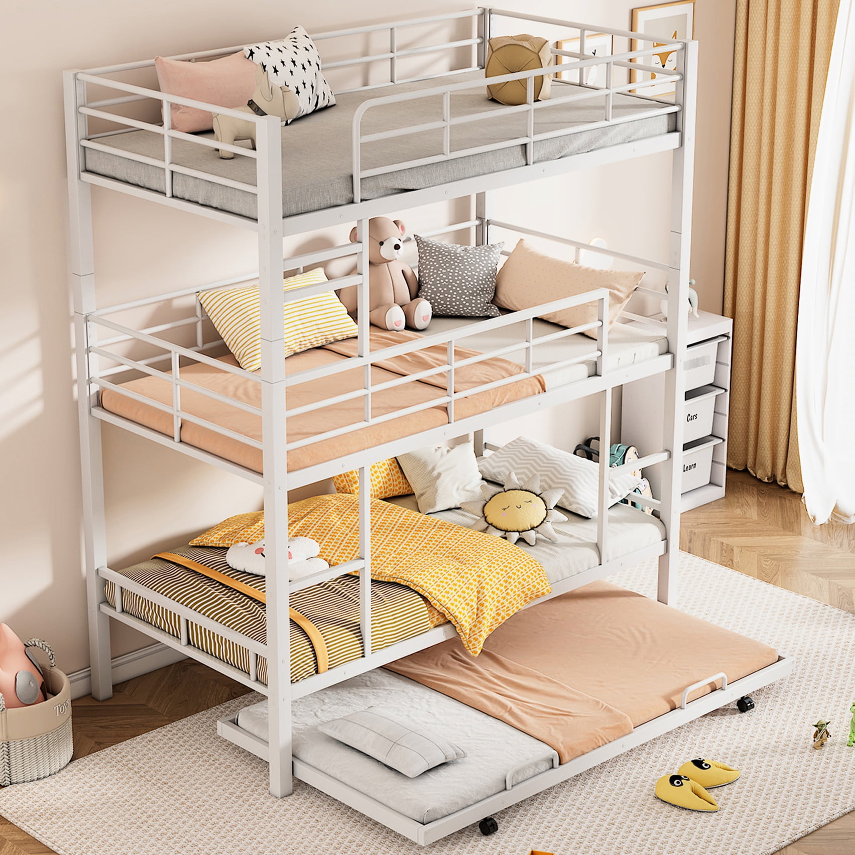 White Metal Trundle Triple Bunk Bed, Twin Size | Space-Saving Solution ...