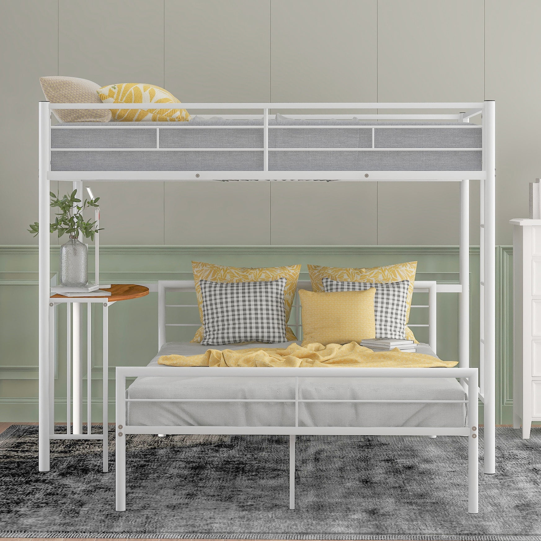 White Metal, Twin Full Bunk - Sturdy Frame, Integrated Study Desk ...