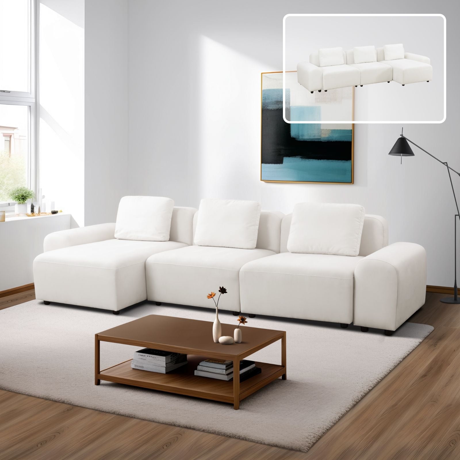 White Microfiber 4-Piece Expandable Sectional Sofa Set - Convertible ...