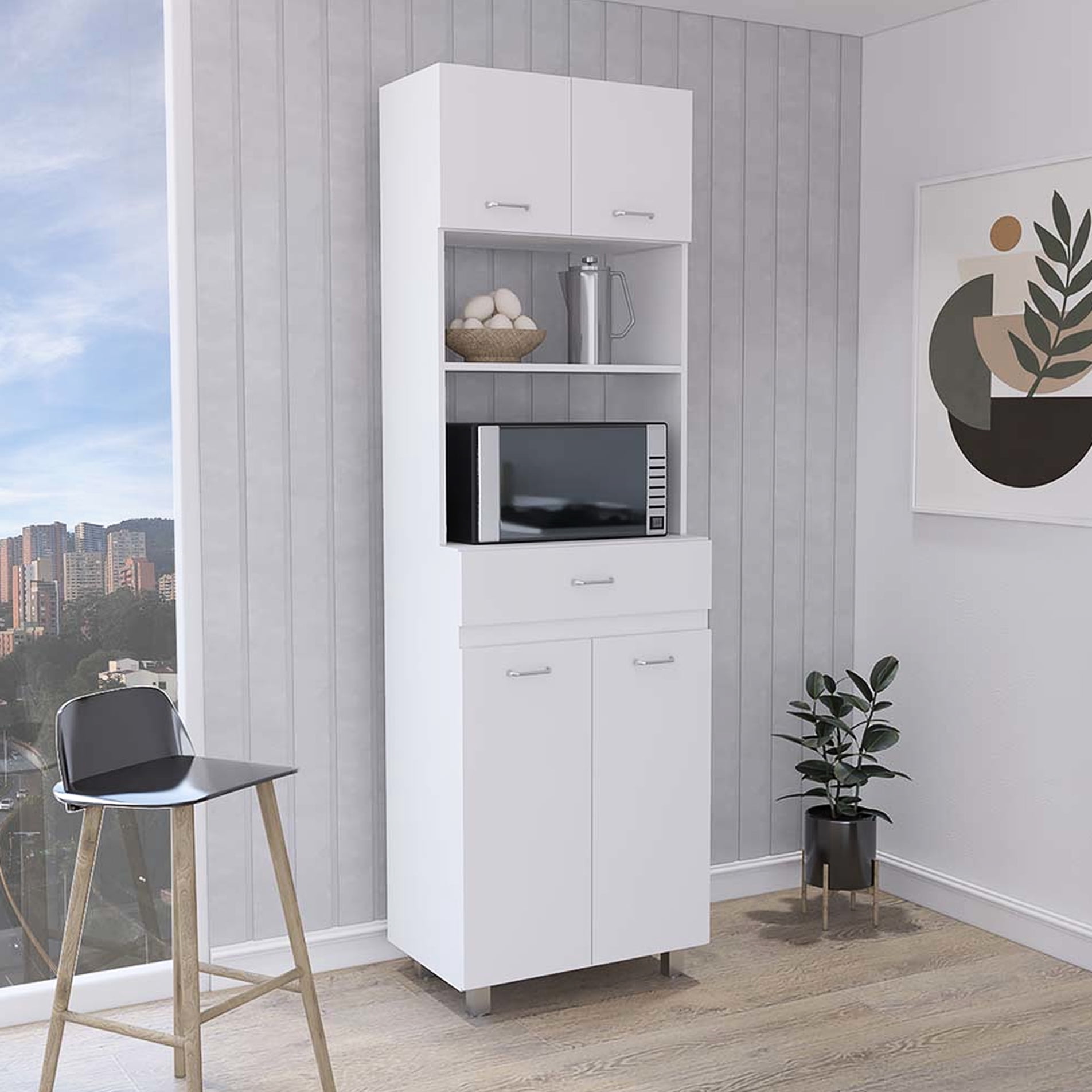 White Microwave Cupboard Cabinet, Four Legs, One Drawer, Double Door ...