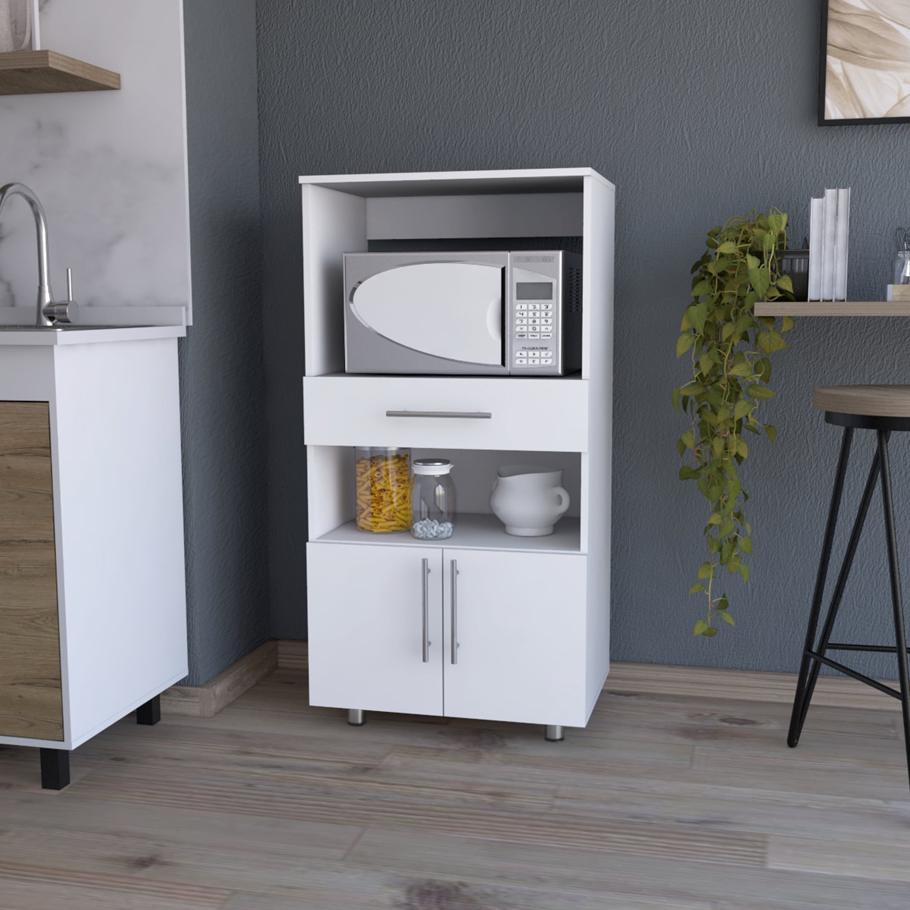 White Microwave Pantry Cabinet Stand - With Functional Drawer And Shelf ...