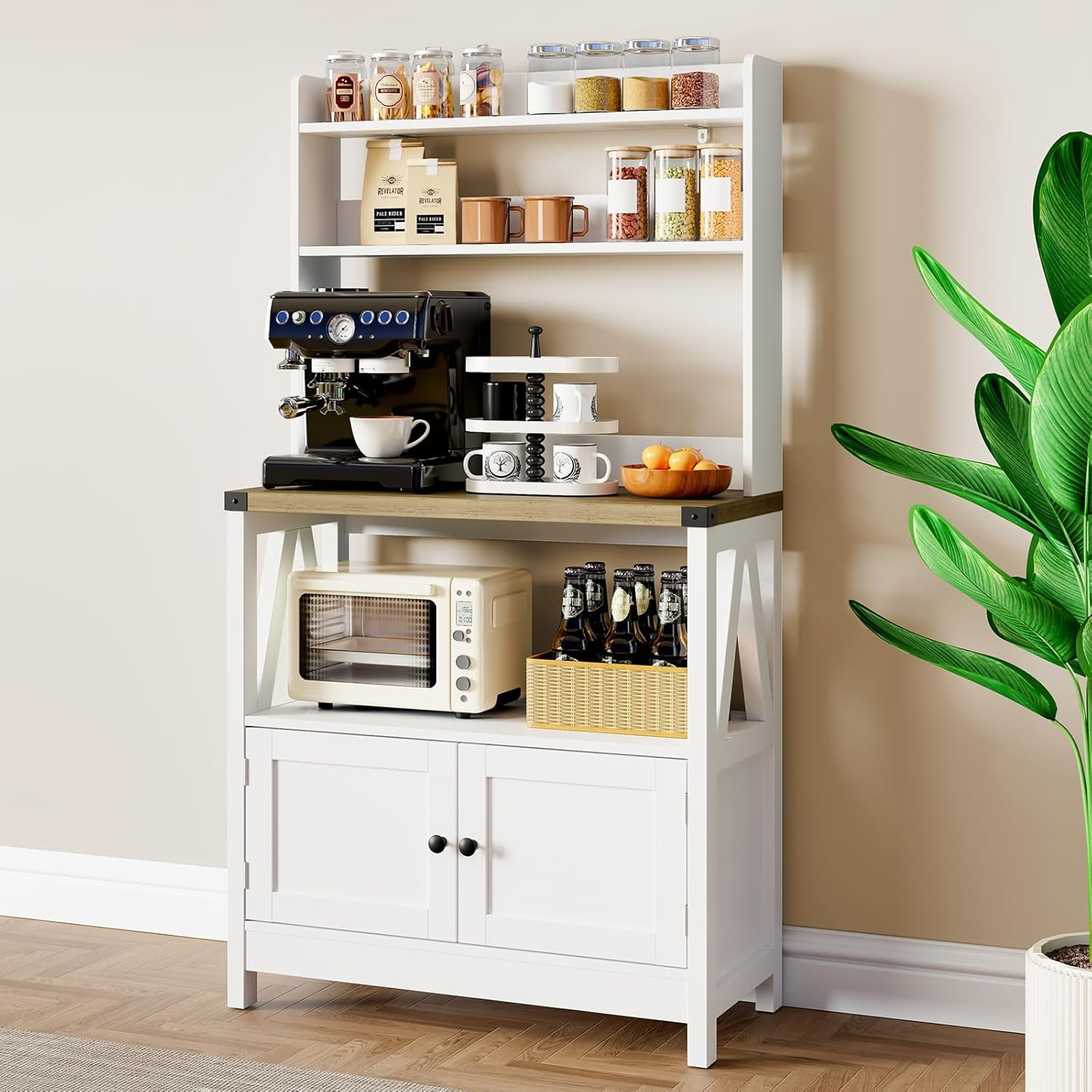 White Microwave Stand Bakers Rack Cabinet, Freestanding 5-Tier Kitchen ...