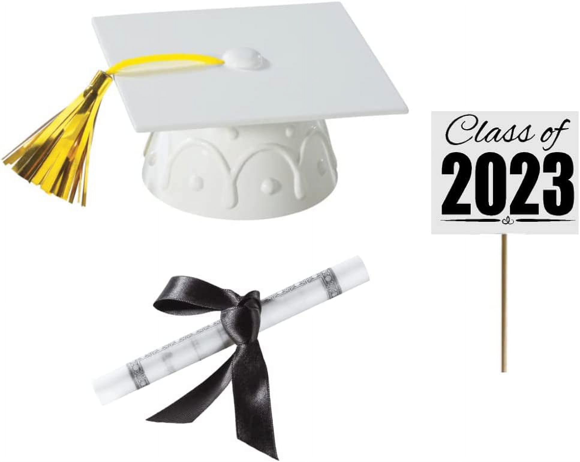 White Mini Graduation Hat Cake Decoration Topper with Sign and Diploma ...