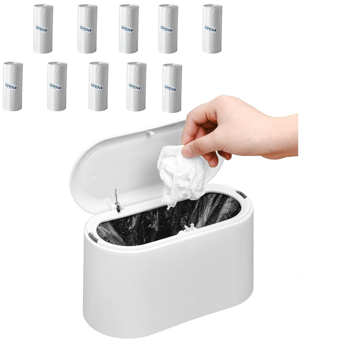 White Mini Trash Can with Lid, Desk & Countertop Mini Garbage Cans ...