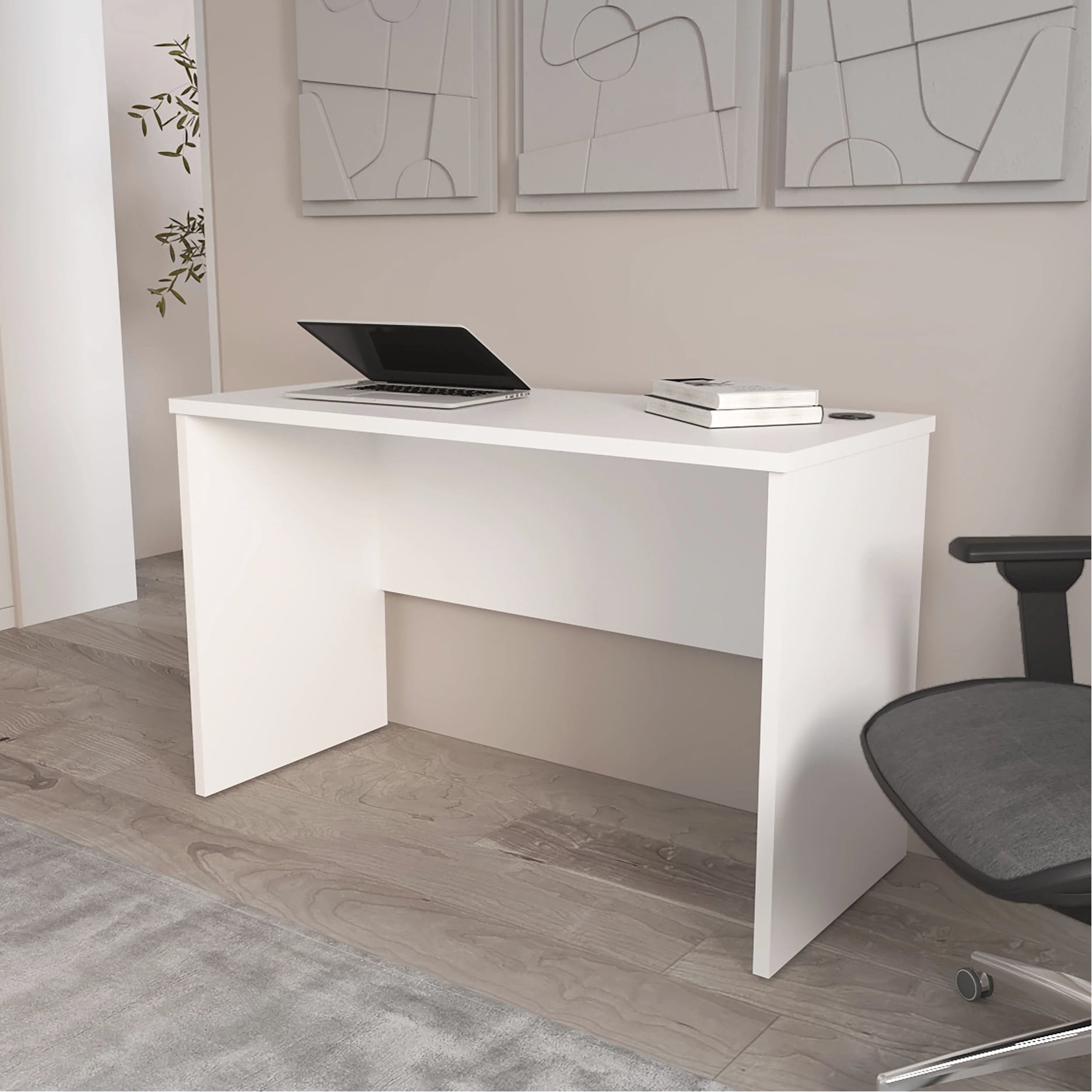 White Minimalist Desk With Cable Management Feature And Large Storage ...