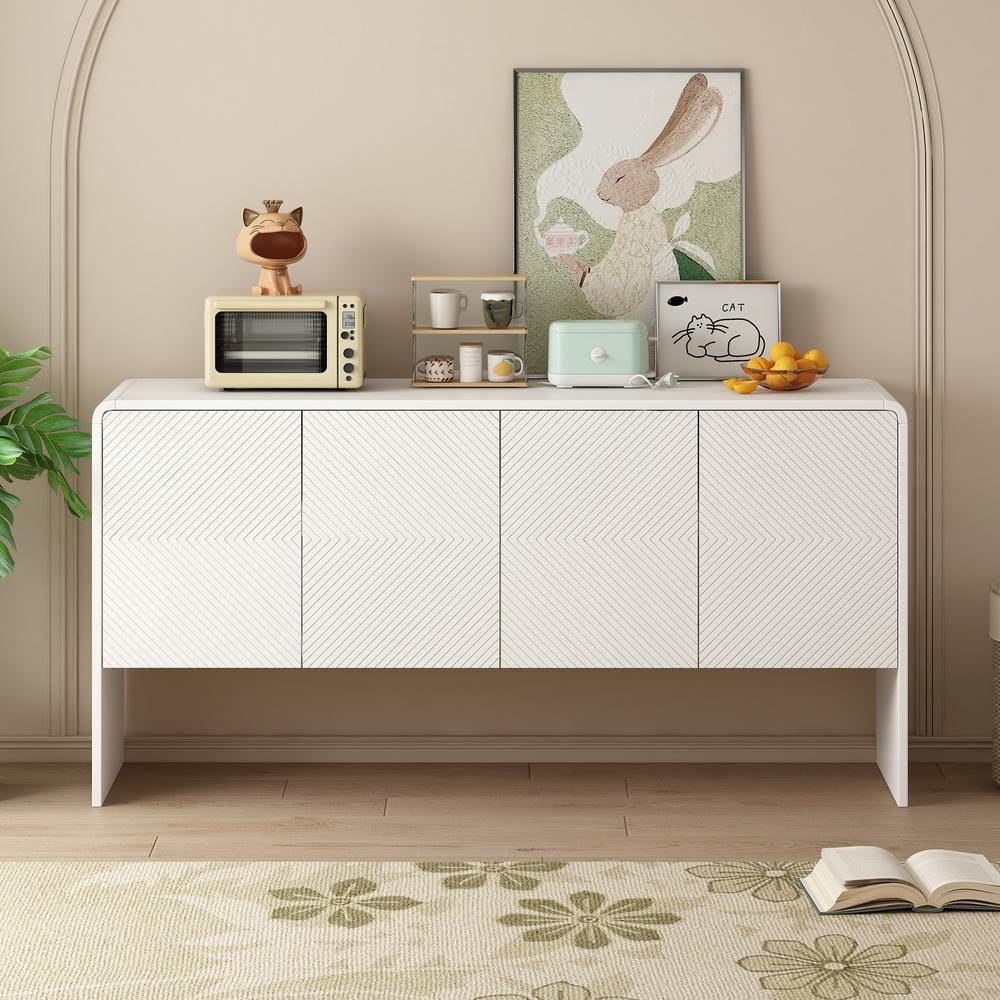 White Minimalist Style MDF 60 in. Sideboard with 4 Doors, Adjustable ...