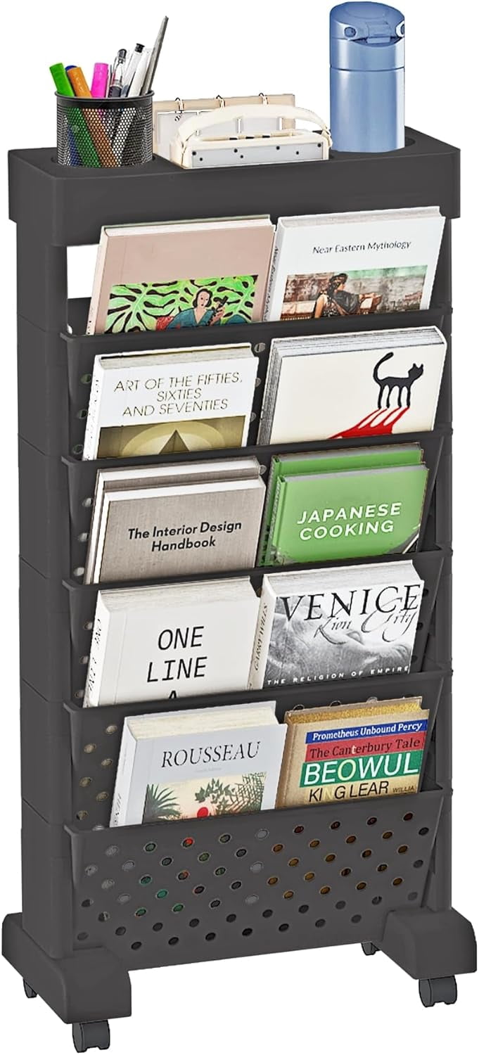 White Mobile 5-Tier Bookcase Cart - Rolling File Paper Storage ...
