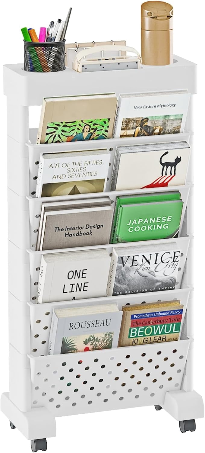 White Mobile 5-Tier Bookcase Cart - Rolling File Paper Storage ...
