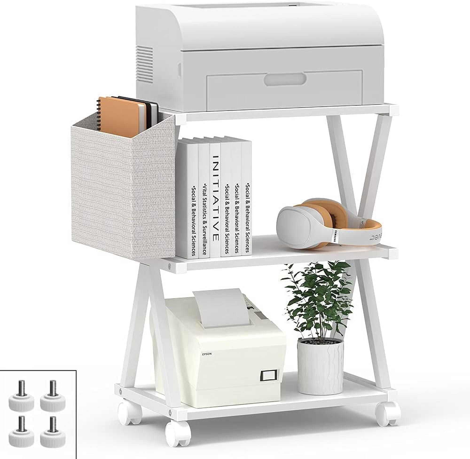 White Mobile Printer Stand 3 Tier Wood Shelf Metal Frame Printer Cart ...