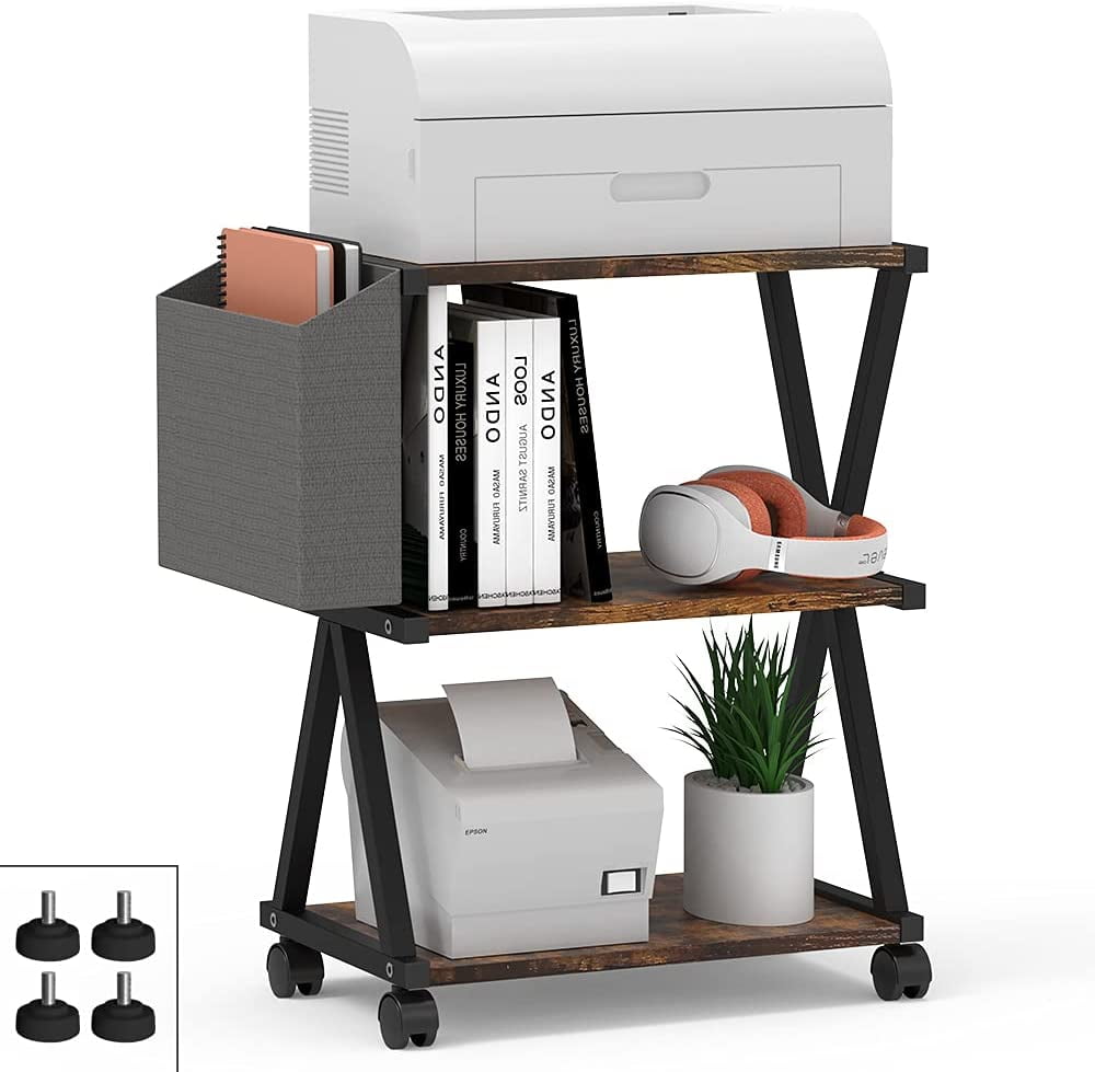 White Mobile Printer Stand 3 Tier Wood Shelf Metal Frame Printer Cart ...