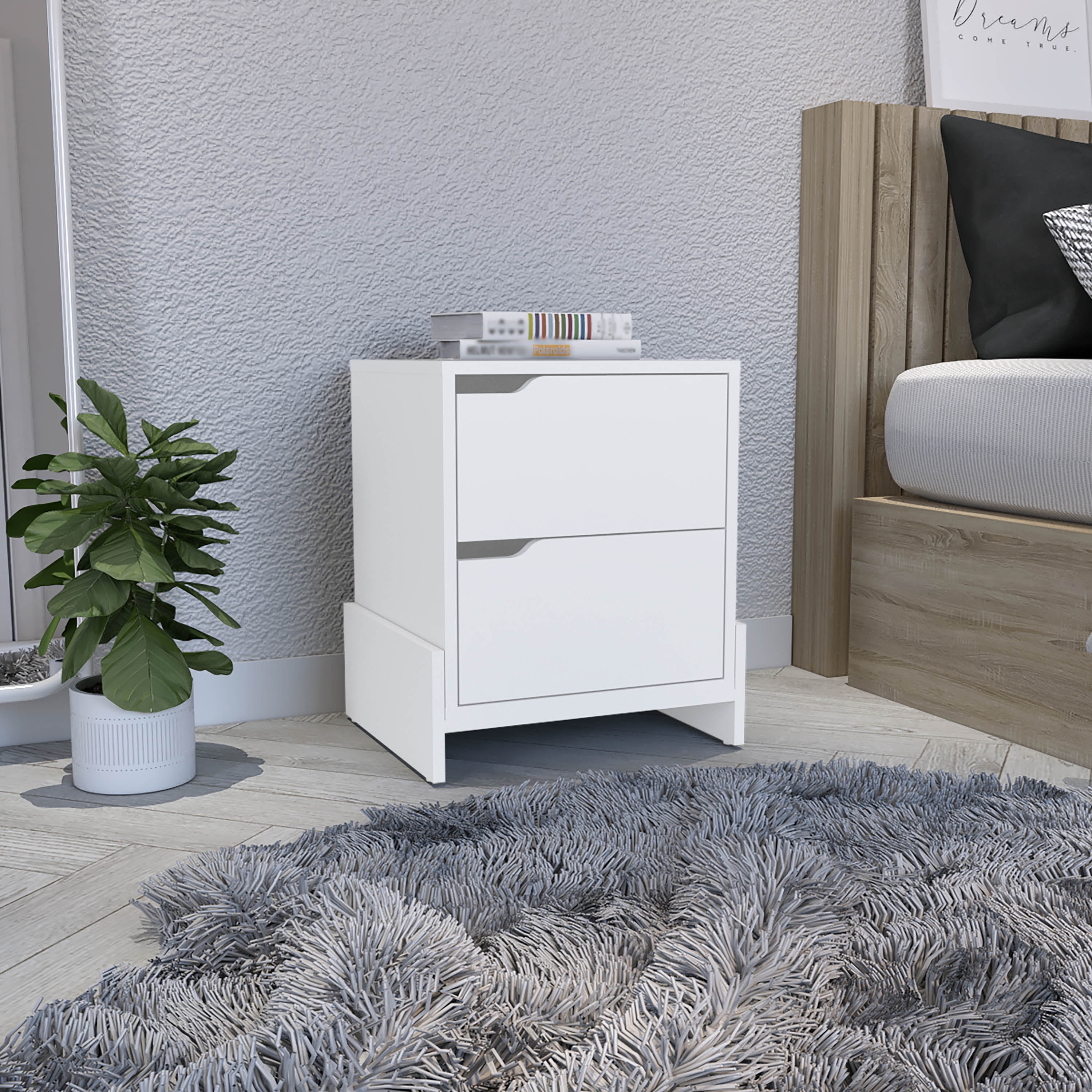 White Modern Bedside Nightstand with 2 Drawers - Easy Assembly for ...