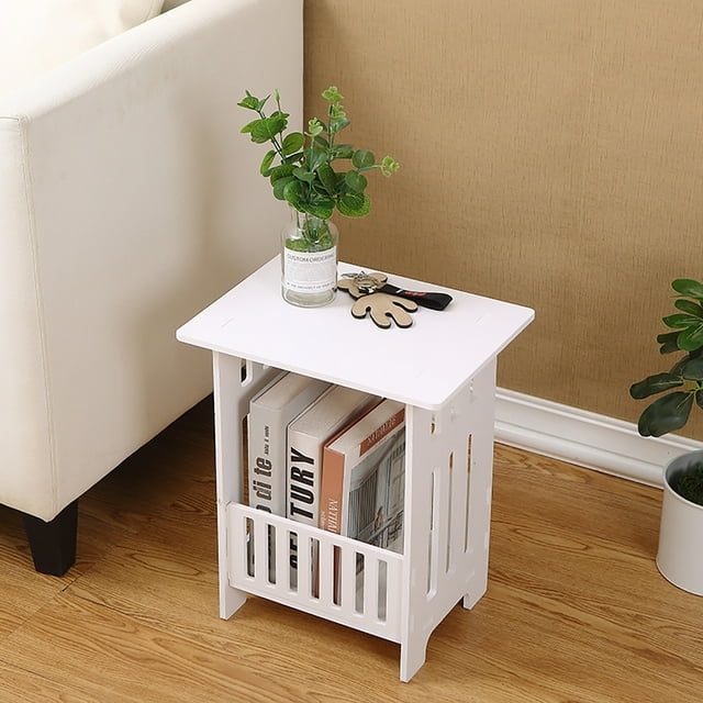White Modern Small Night Side Bed Table with Storage Rack Organizer ...