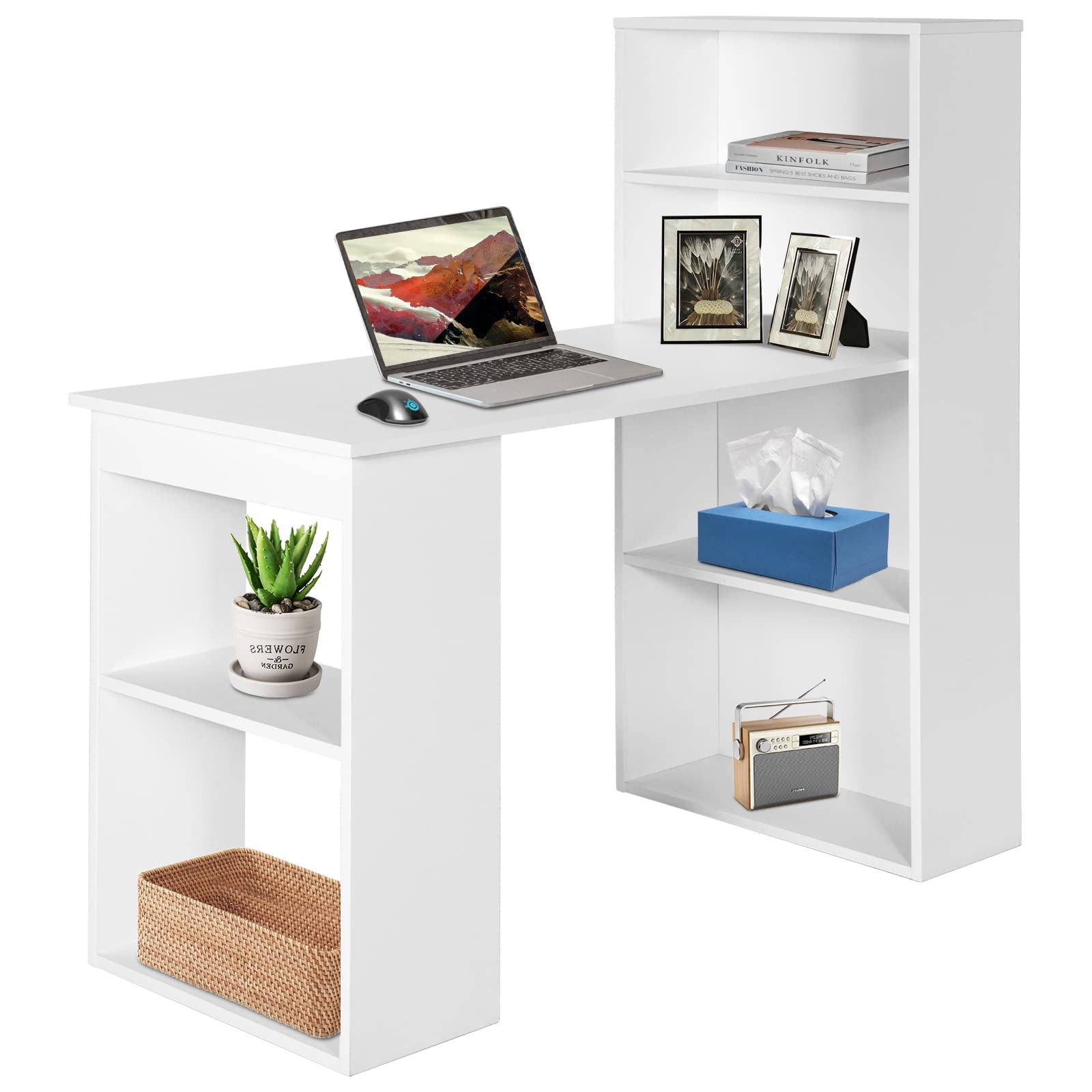 White Modern Computer Desk with 6 Tier Storage, 48 Inch Reversible ...