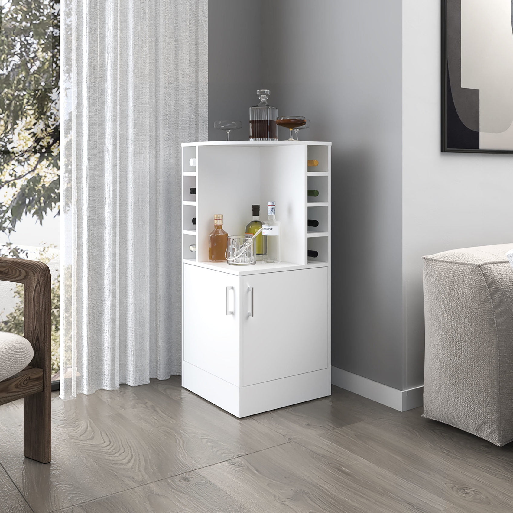 White Modern Corner Bar Cabinet | Fits Perfectly in Any Corner ...