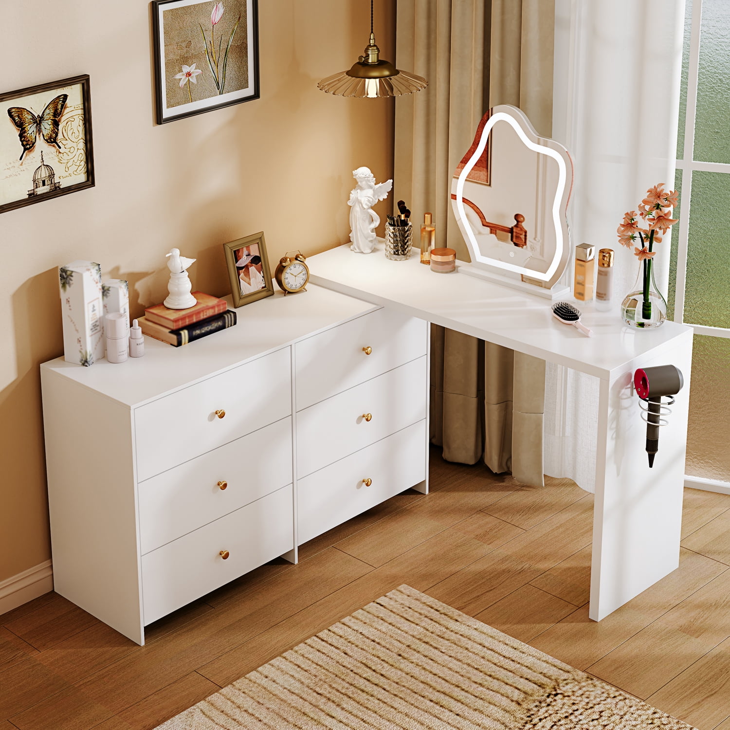 White Modern Corner Makeup Vanity Table with LED Mirror, 6 Storage ...