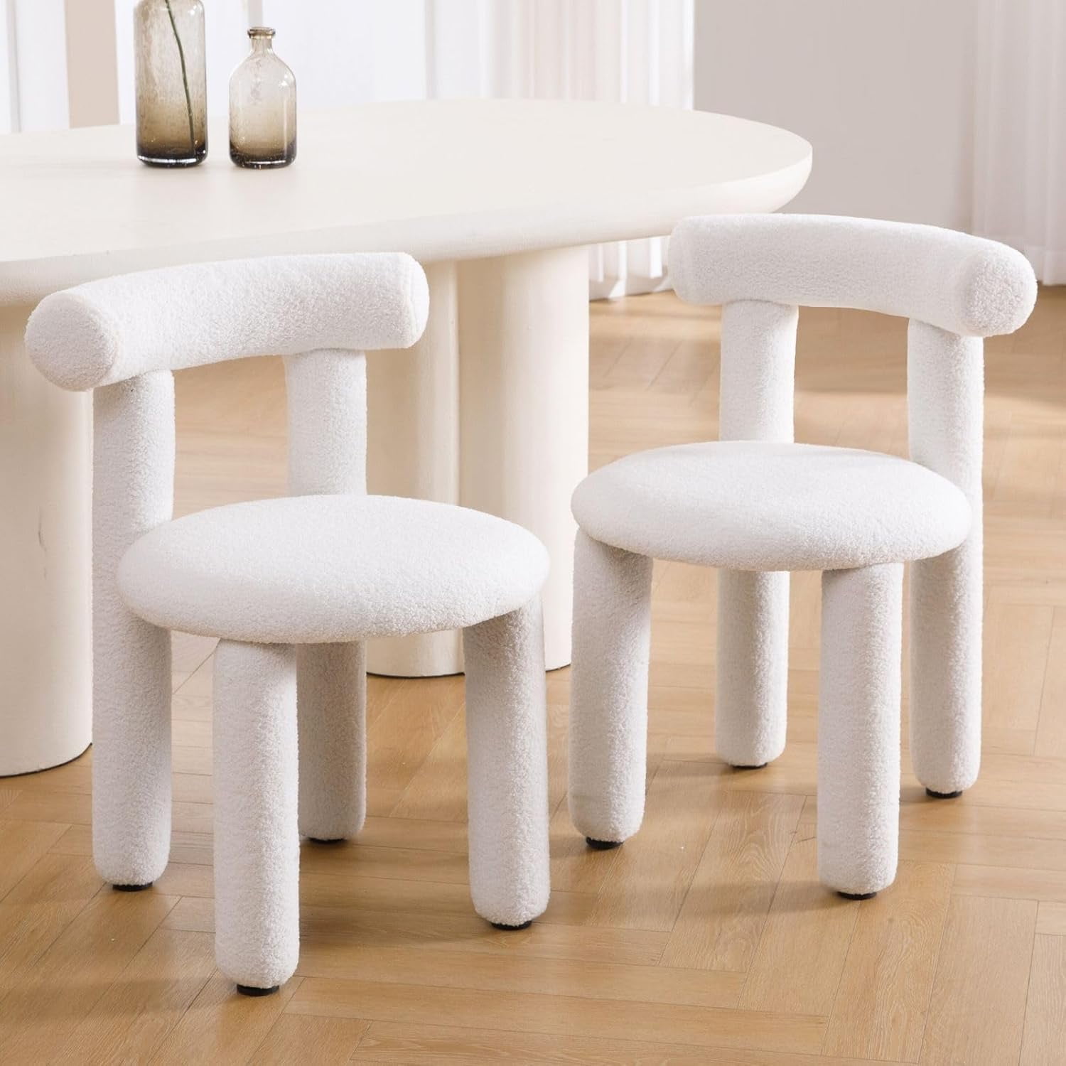 White Modern Dining Chairs Set of 2 Barrel Boucle Kitchen Chairs ...