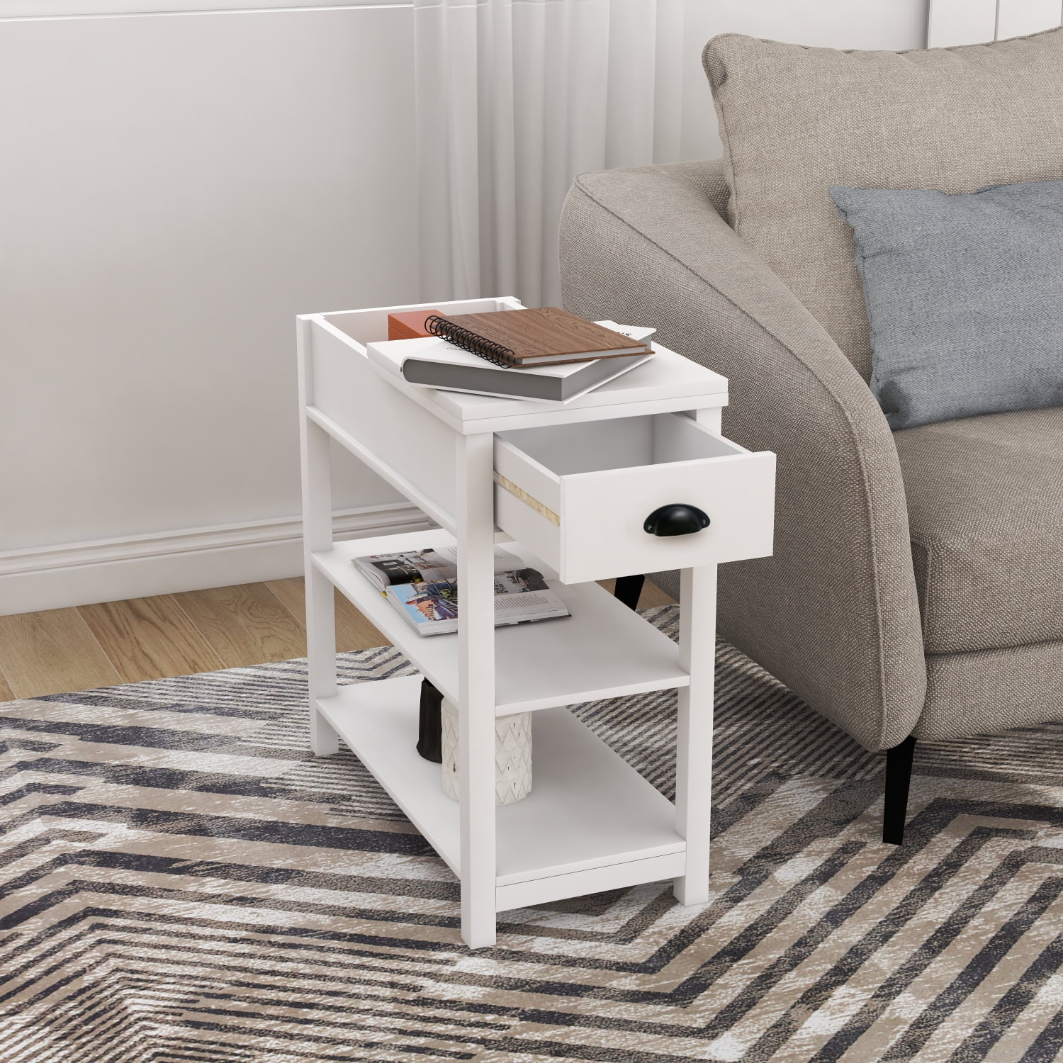 White Modern Narrow Sided Table with Drawers and Bottom Partition in ...
