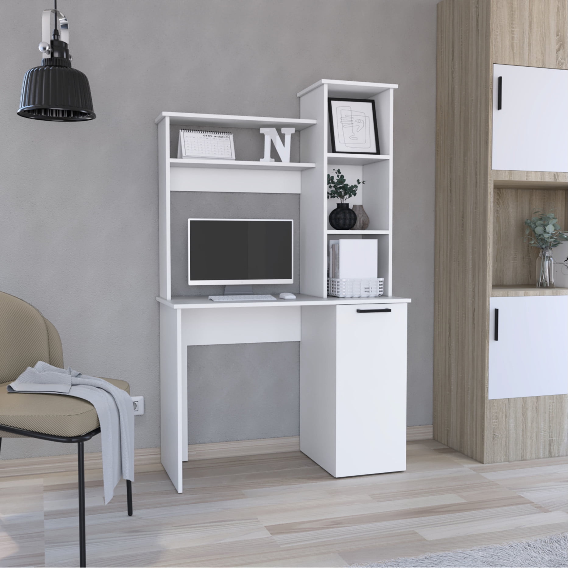 White Modern Office Computer Desk with Hutch and Single Door Cabinet ...