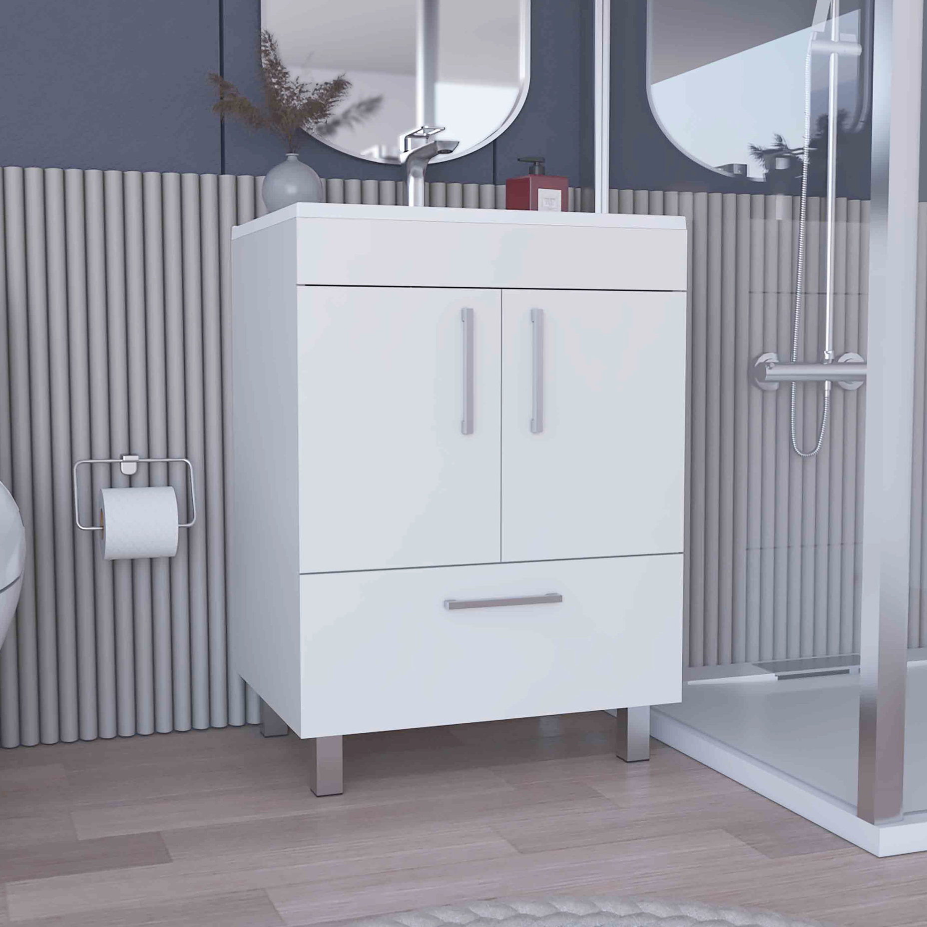 White Modern Single Bathroom Vanity Unit | Double Door and Drawer for ...