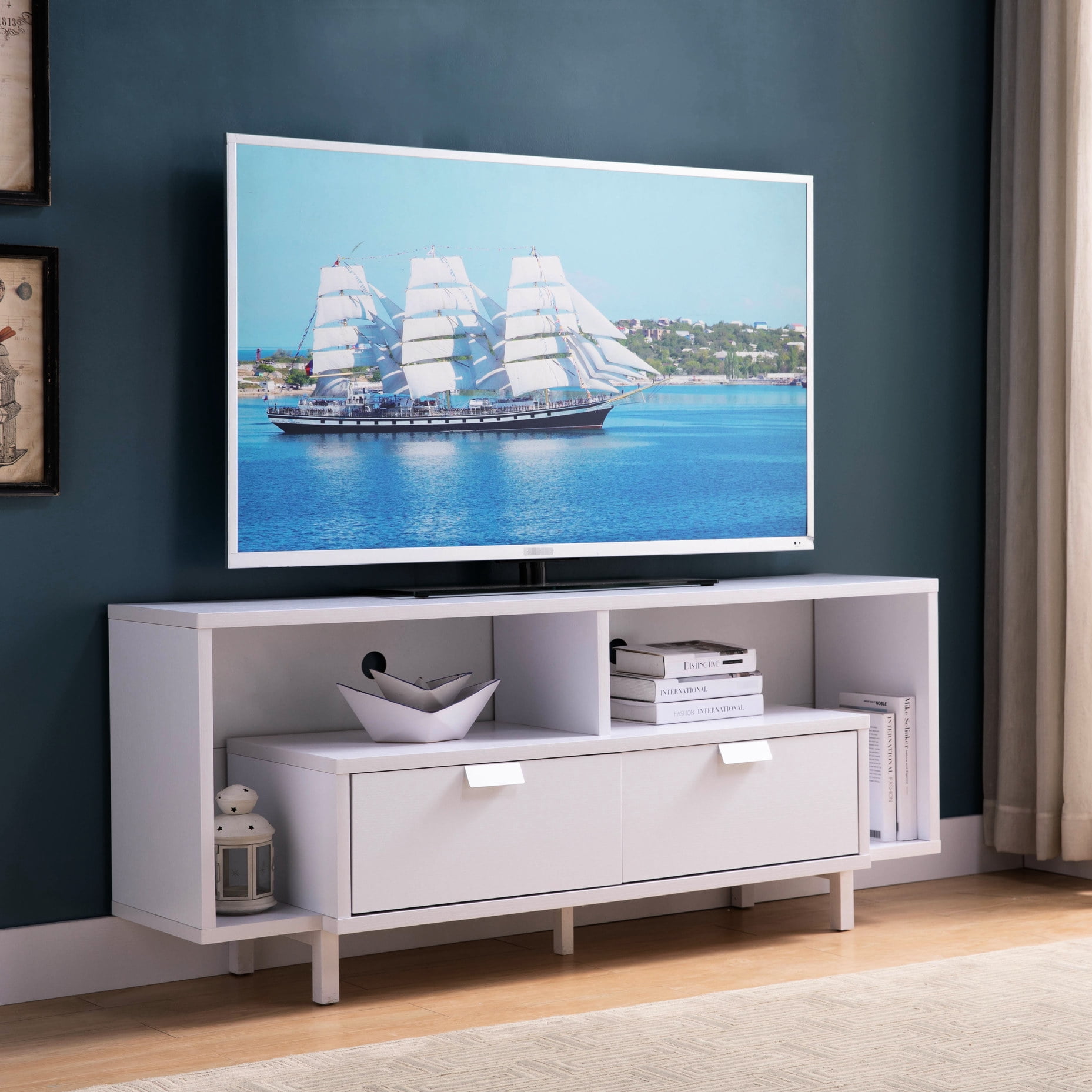White Modern TV Stand, 60" with Shelves, Drawers and Cutouts - Meets ...
