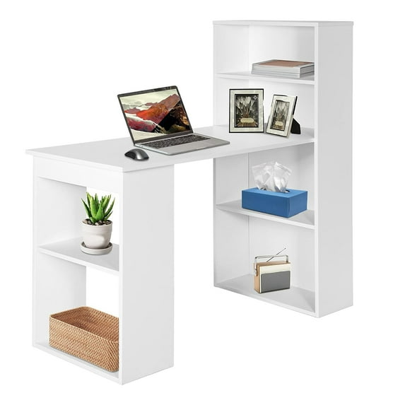 White Modern Writing Desk with 6 Tier Shelves, 48 Inch Reversible ...