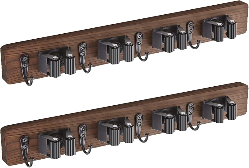 White Mop Broom Holder Wall Mount with 4 Slots & 4 Hooks - Wood Broom ...