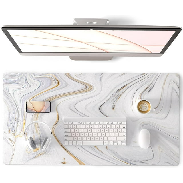 White Mouse Pad, Cute Marble Large Desk Mat, PU Leather Desk Protector ...