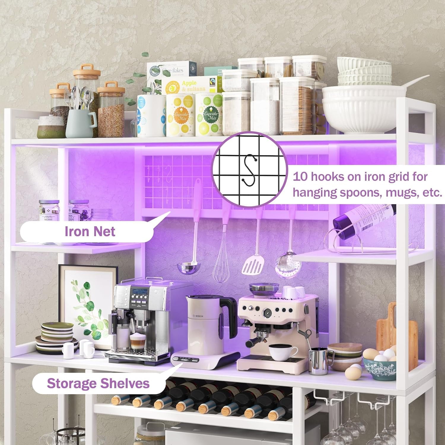 White Multi Function Fifty Five Inch Bakers Rack with RGB Led Lighting ...