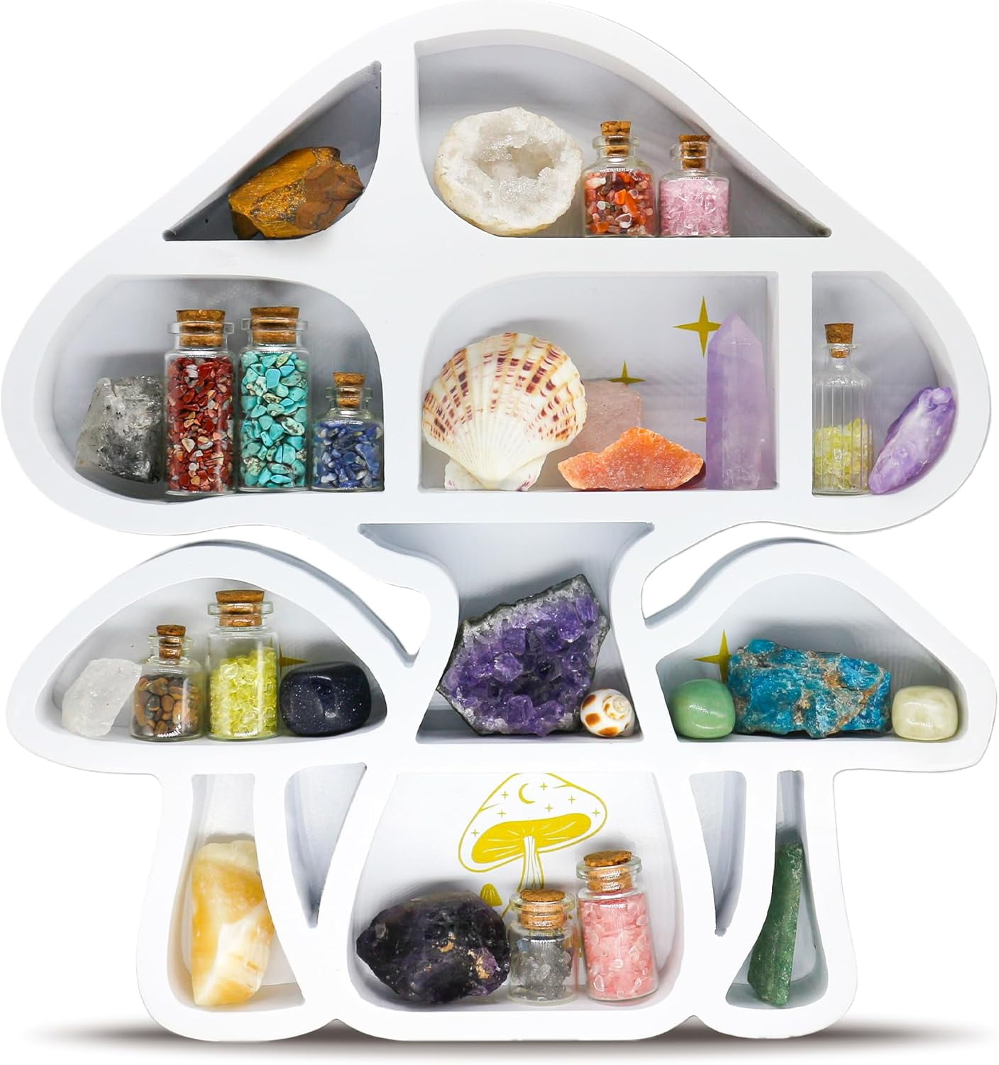 White Mushroom Decor, Cute Wooden Mushroom Floating Shelves, Crystal ...