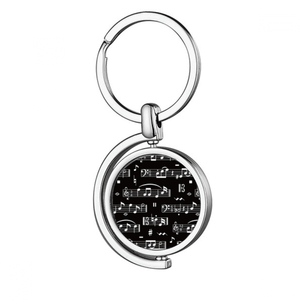 White Music Notes Bar Black Rotating Keychain Metal Keyring Holder ...