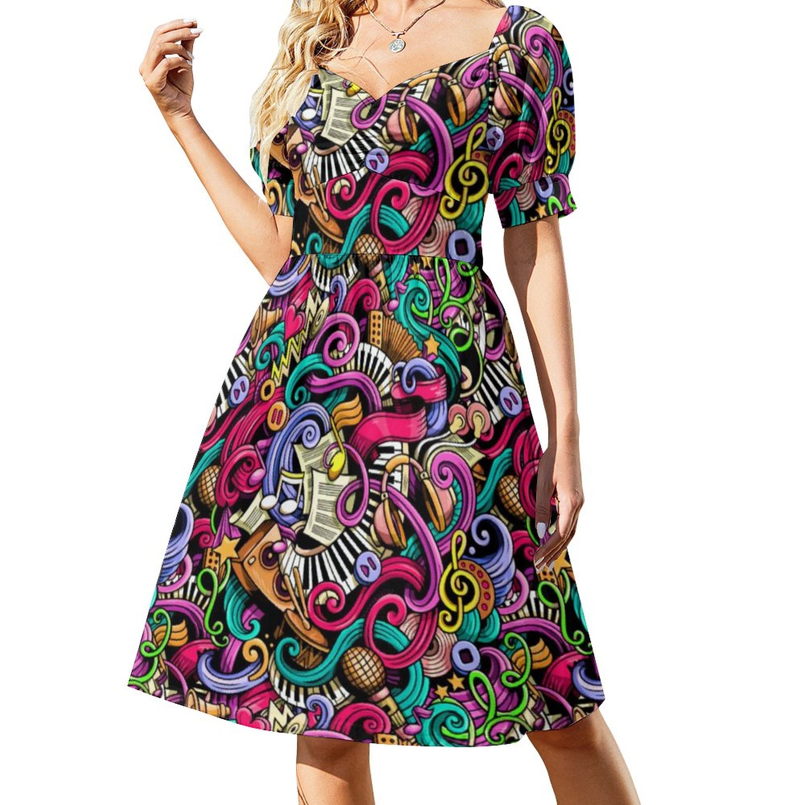 White Music Notes Dress Musician Vintage Dresses Summer Simple Casual ...